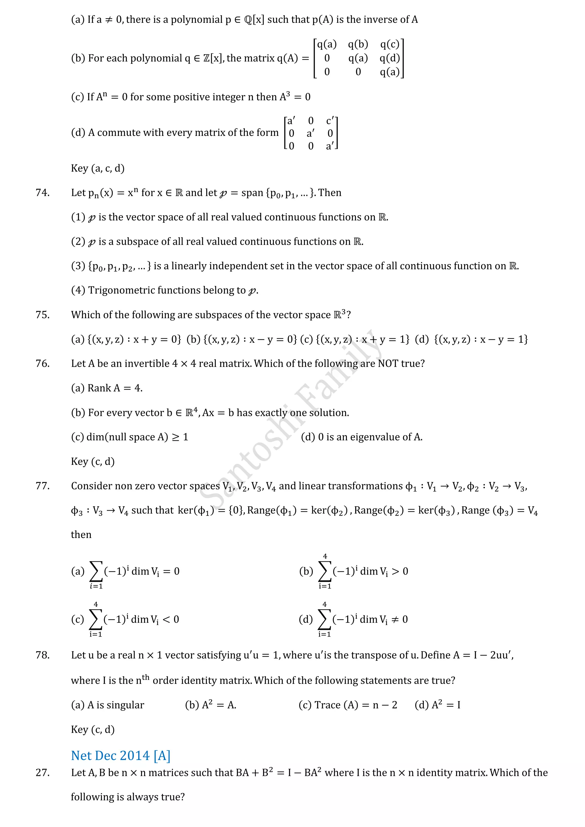 Linear Algebra Previous Year Questions of Csir Net Mathematical Science and their Answer Key ...