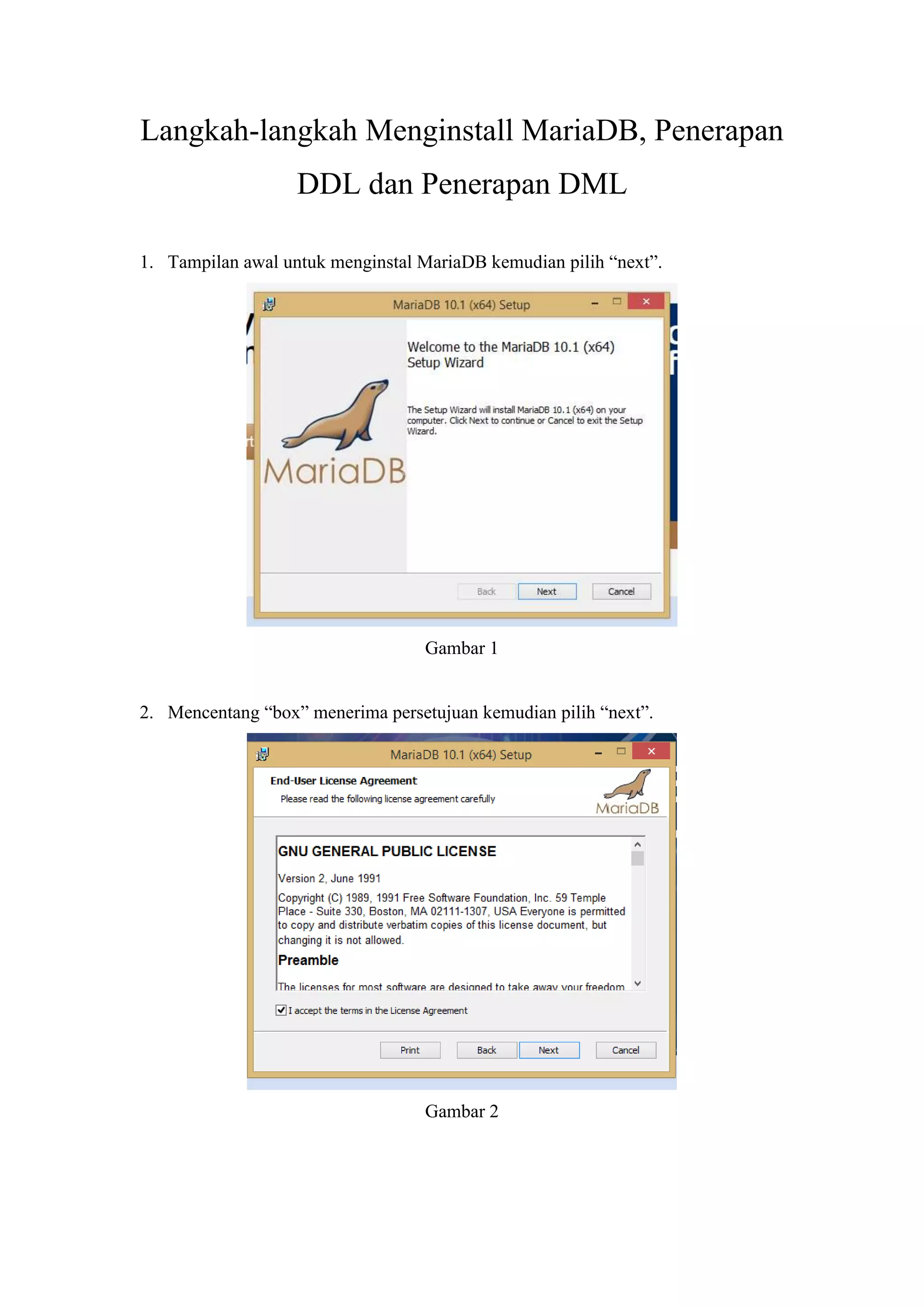 Langkah langkah menginstall maria db, penerapan ddl dan dml | PDF