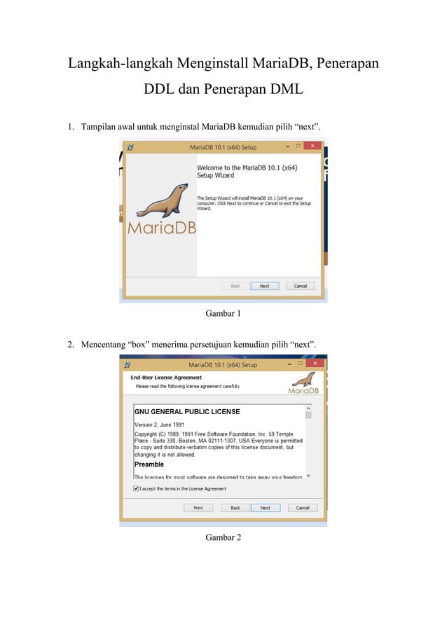 Langkah langkah menginstall maria db, penerapan ddl dan dml | PDF