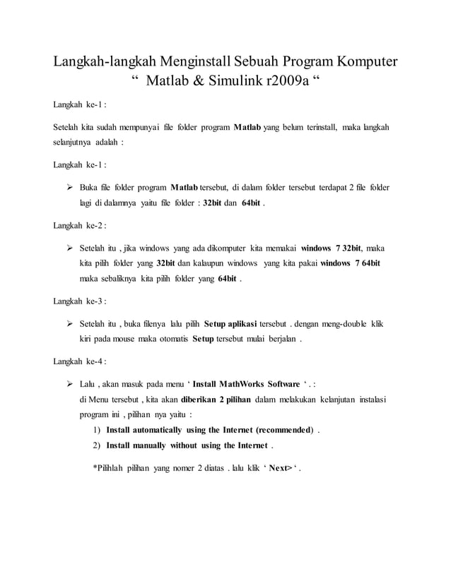 Langkah langkah menginstall matlab&simulink r2009a | PDF