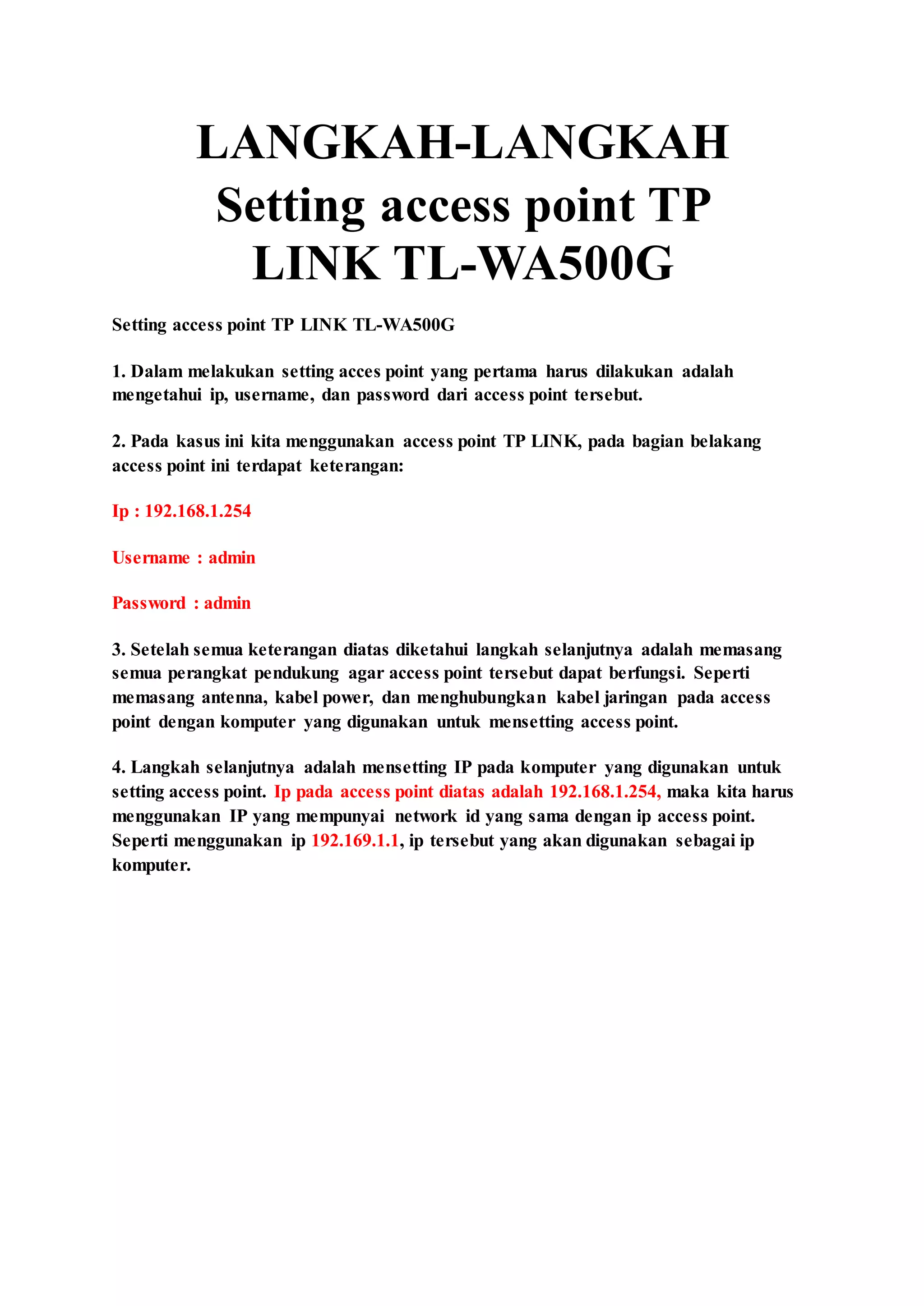 Langkah langkah setting access point | DOCX