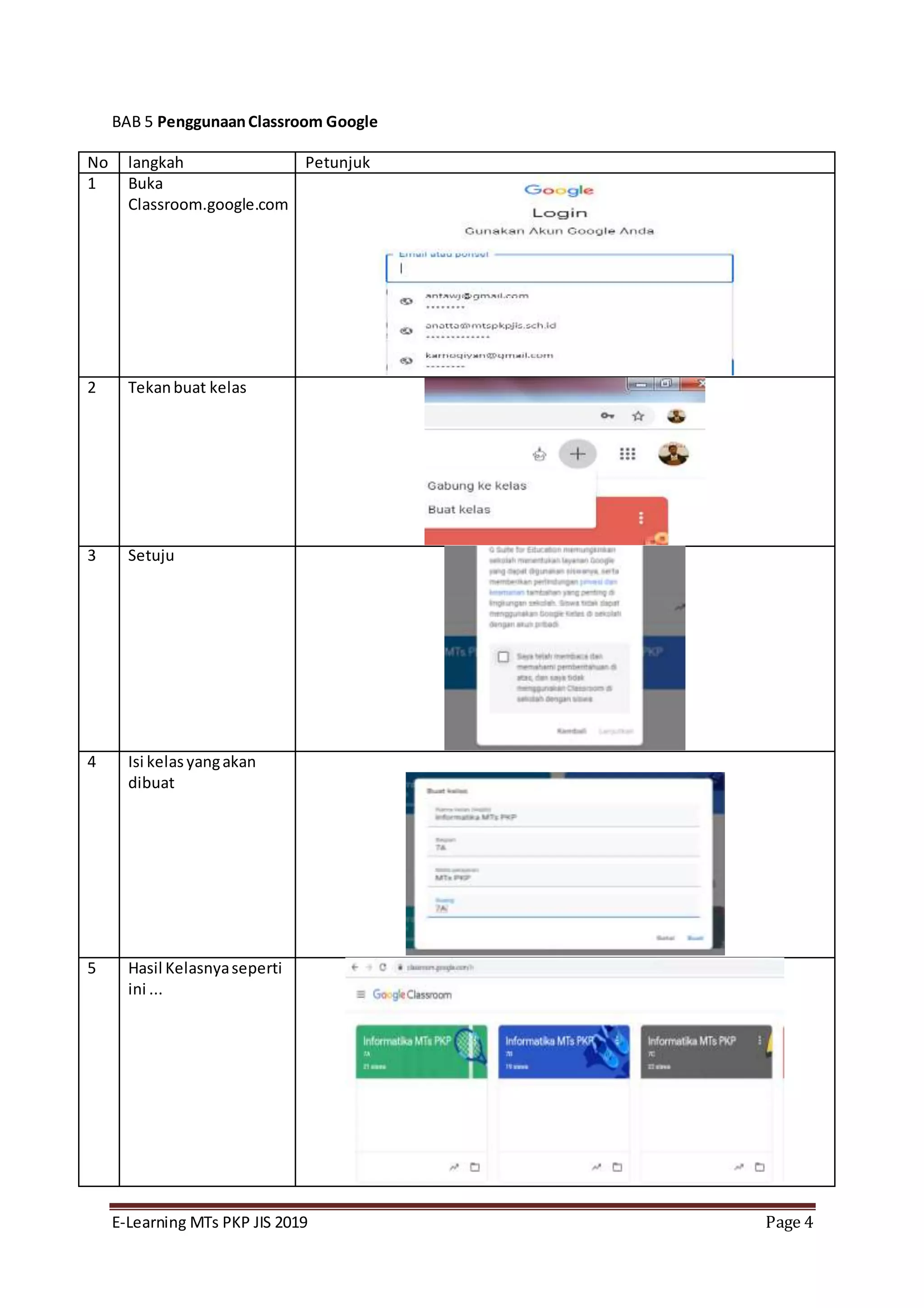 E-Learning Google Classroom MTs PKP Jakarta Islamic School | DOCX
