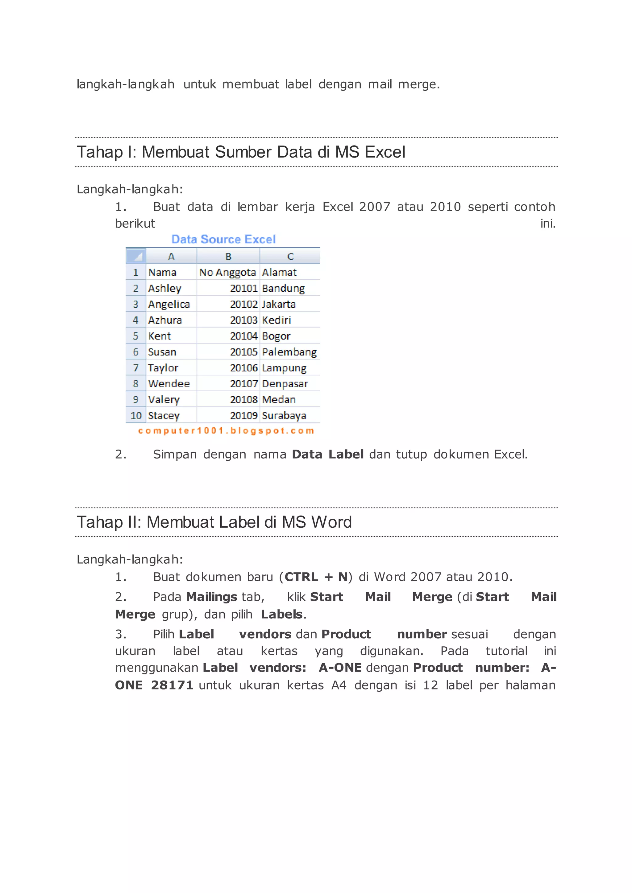 Langkah mail merge lebih 2 data satu kertas | DOCX