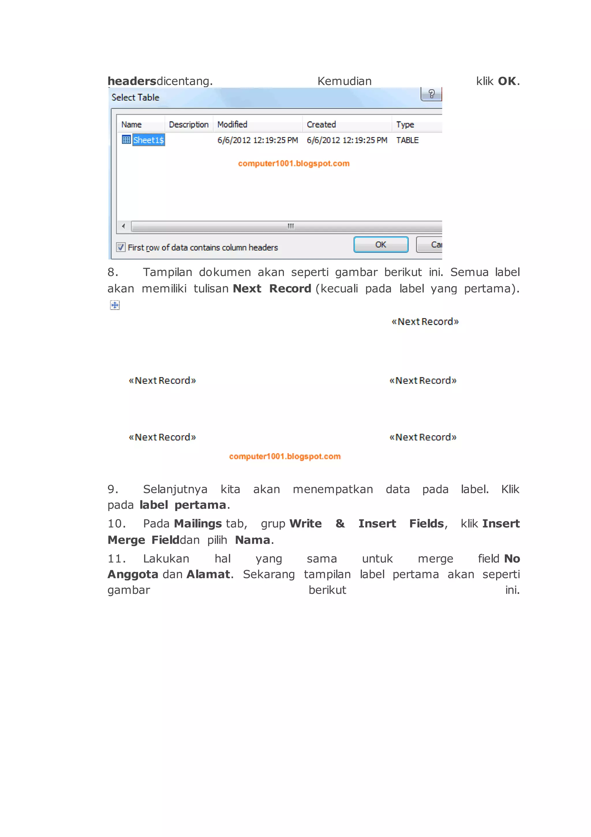 Langkah mail merge lebih 2 data satu kertas | DOCX