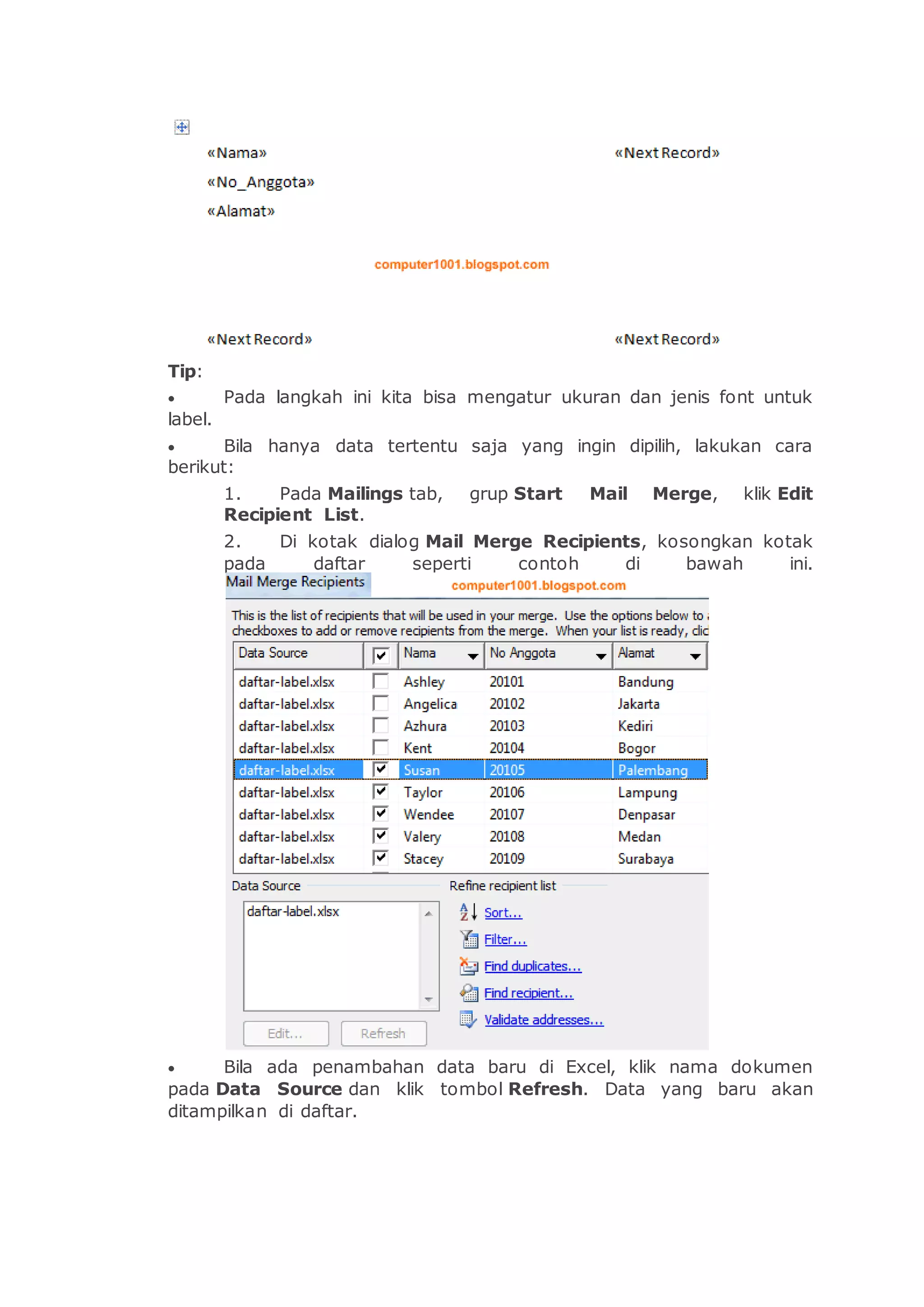Langkah mail merge lebih 2 data satu kertas | DOCX