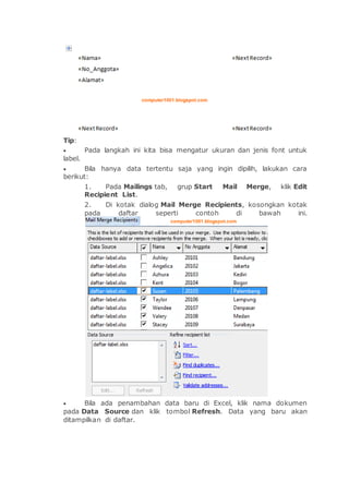 Langkah mail merge lebih 2 data satu kertas | DOCX