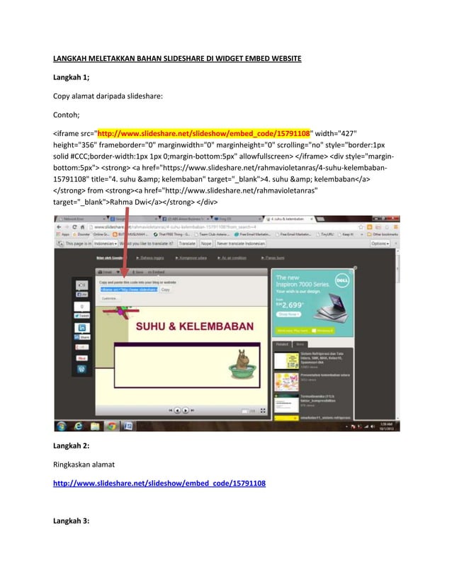 Langkah meletakkan bahan slideshare di widget embed website FROG | PDF