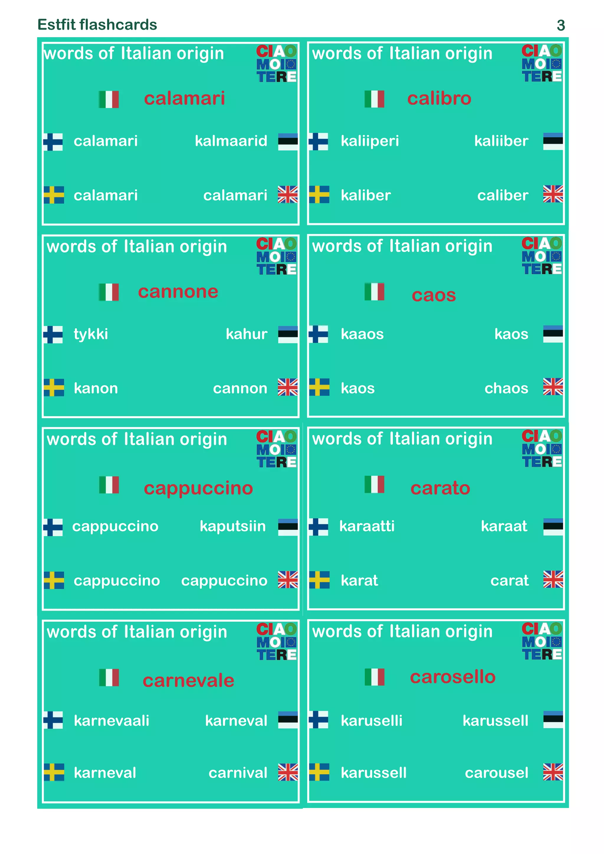 Langlete flashcards similar words of italian origin | PDF
