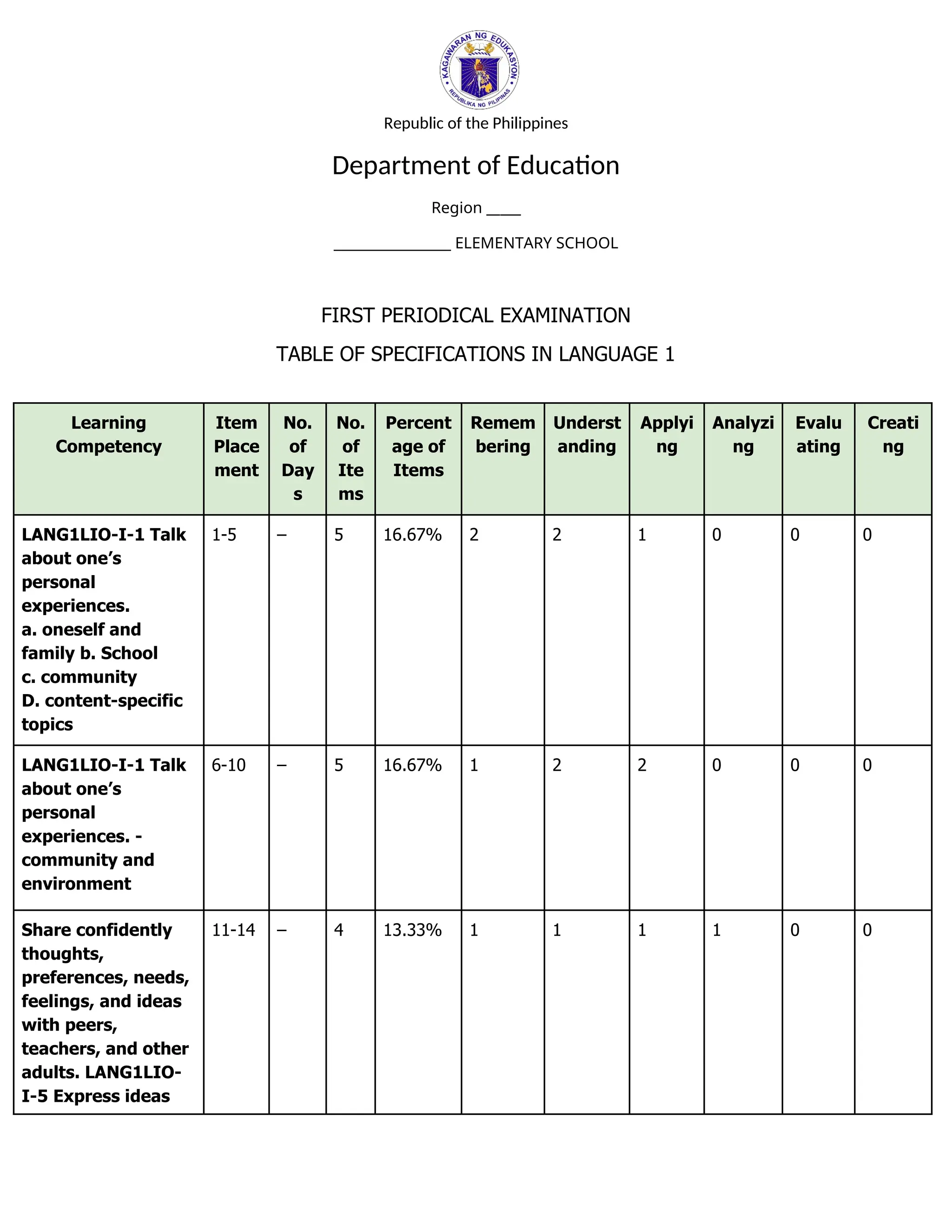 LANGUAGE 1 MATATAG Periodical test 2024-2025 | DOCX