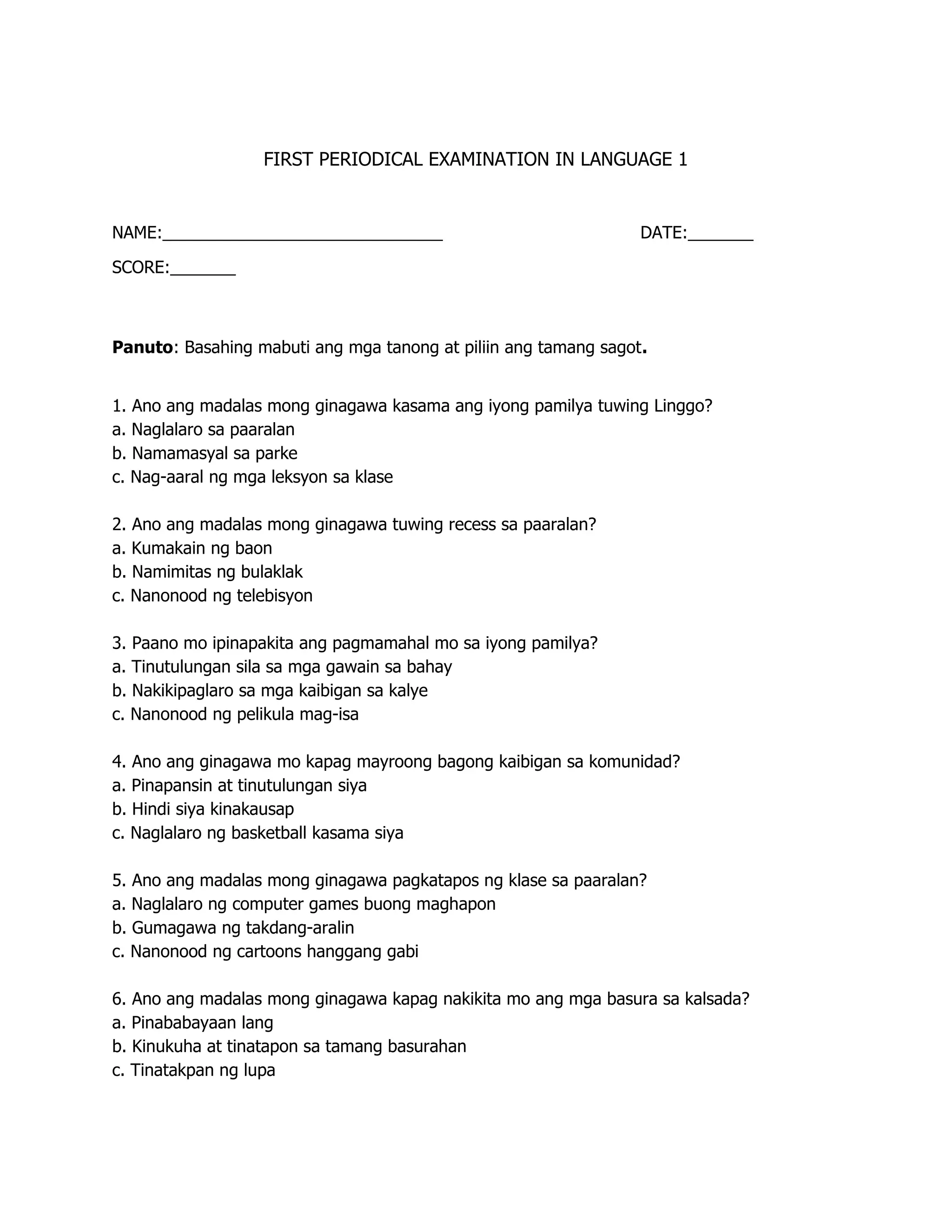 LANGUAGE 1 MATATAG Periodical test 2024-2025 | DOCX