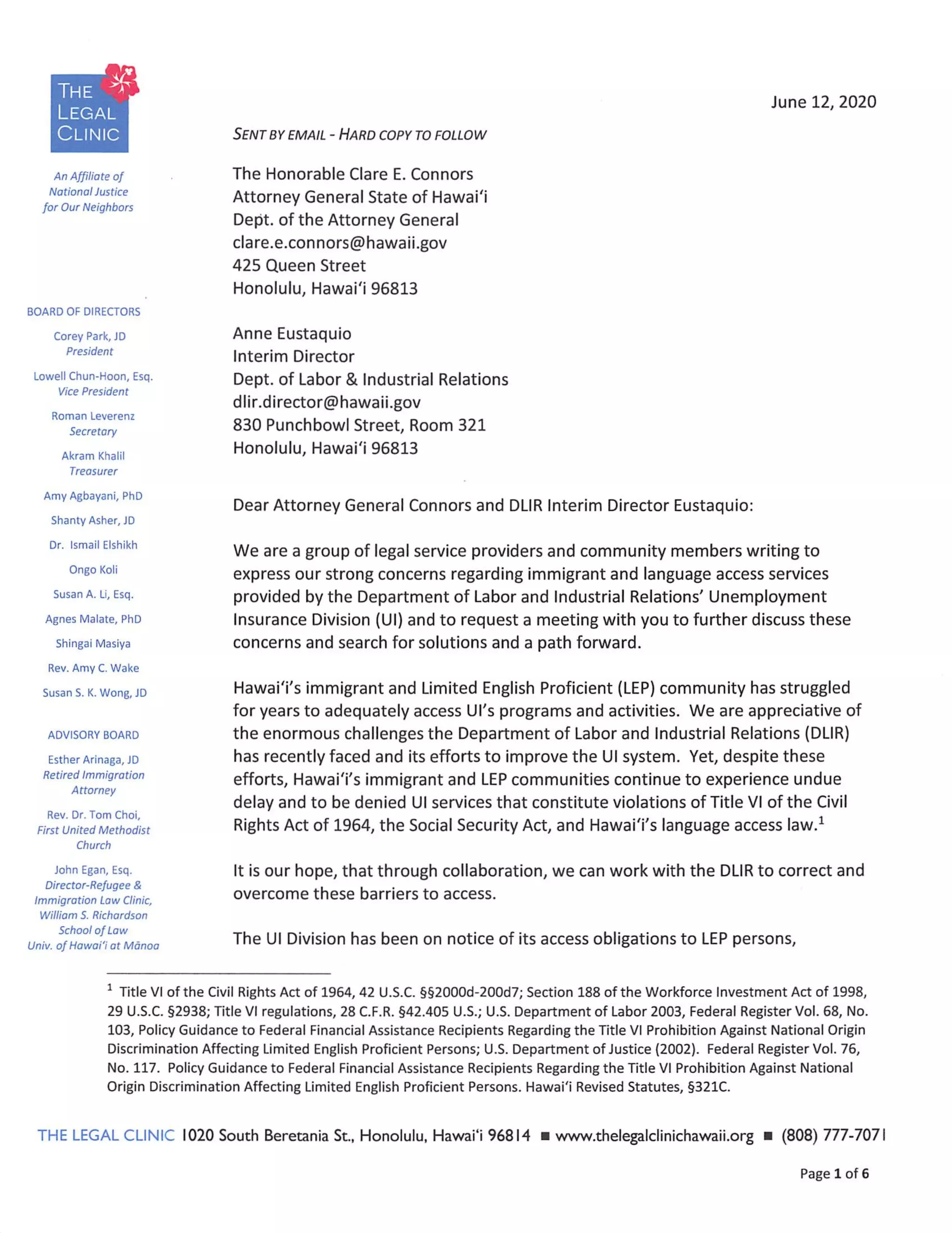 Language Access Letter To DLIR | PDF