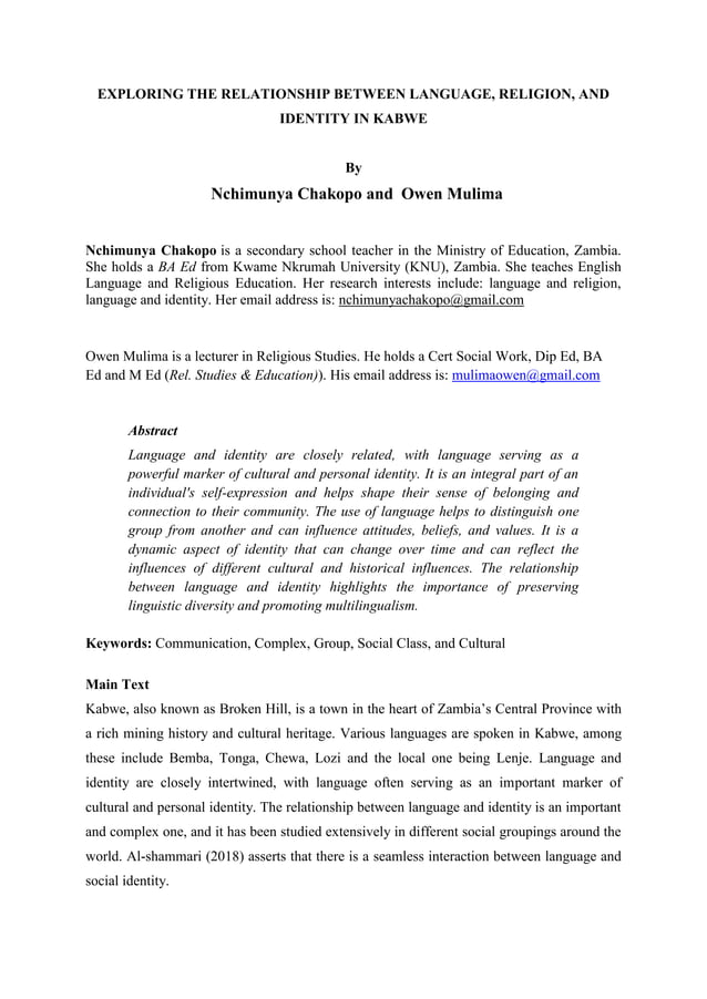 EXPLORING THE RELATIONSHIP BETWEEN LANGUAGE, RELIGION, AND IDENTITY IN KABWE | PDF