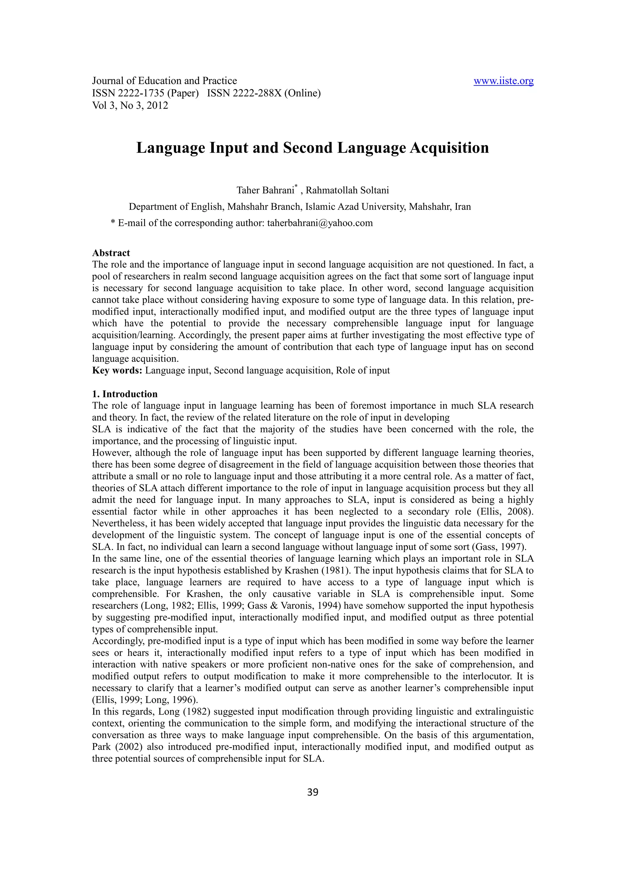 Language input and second language acquisition | PDF
