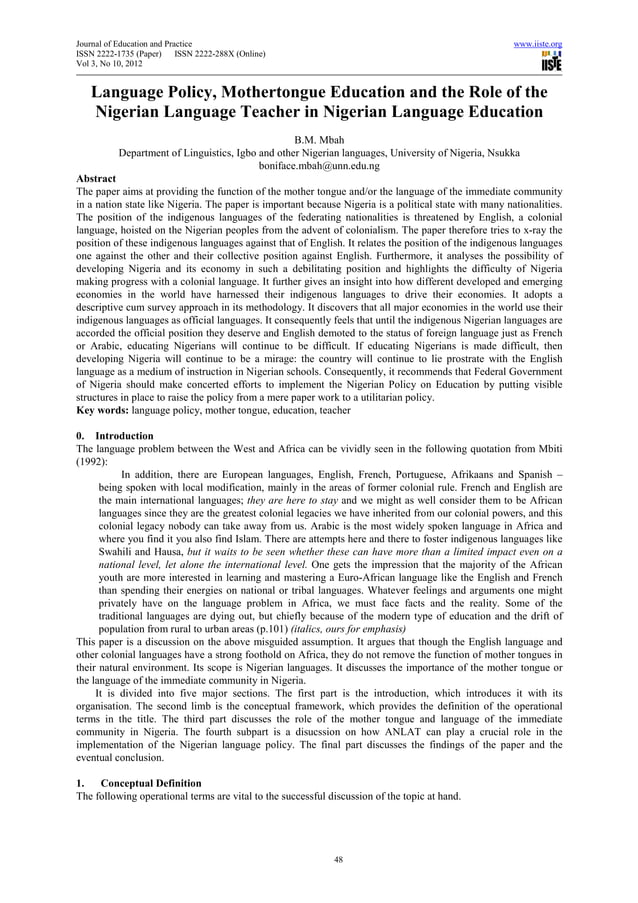 Language policy, mothertongue education and the role of the nigerian language teacher in ...