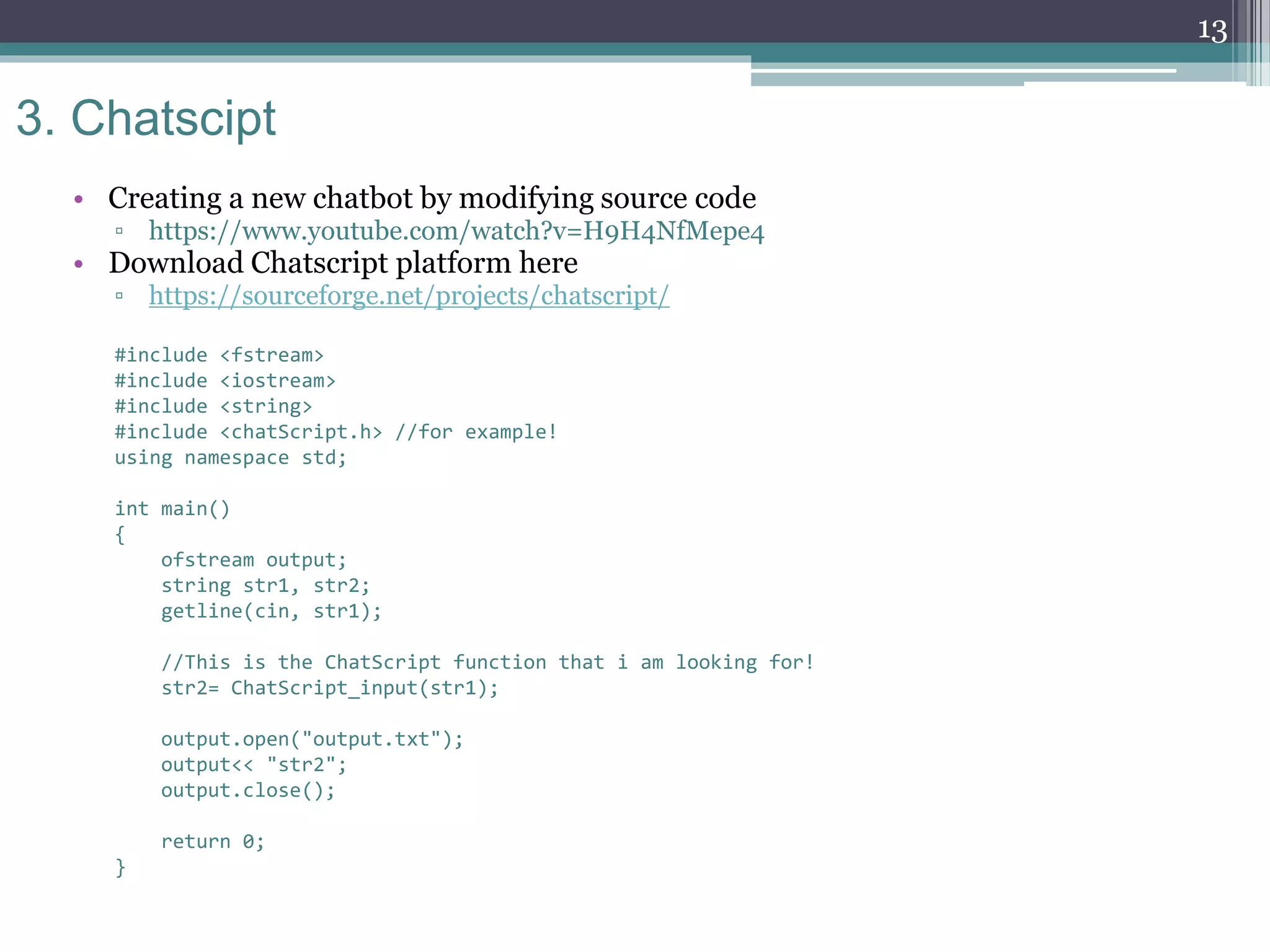 Survey on Script-based languages to write a Chatbot | PPTX | Programming Languages | Computing