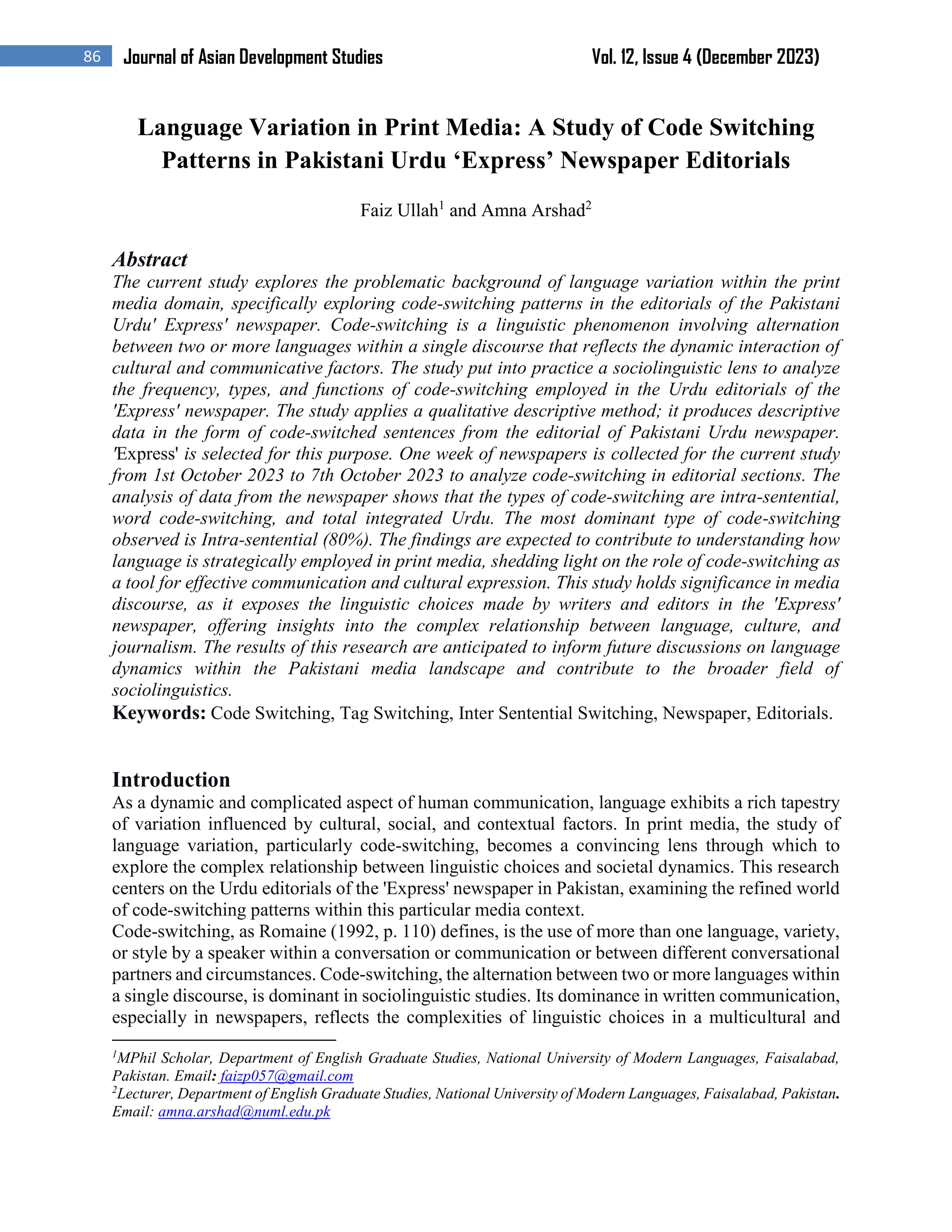 Language Variation in Print Media: A Study of Code Switching Patterns ...
