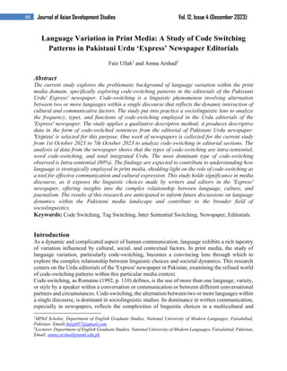 Language Variation in Print Media: A Study of Code Switching Patterns in Pakistani Urdu ‘Express ...