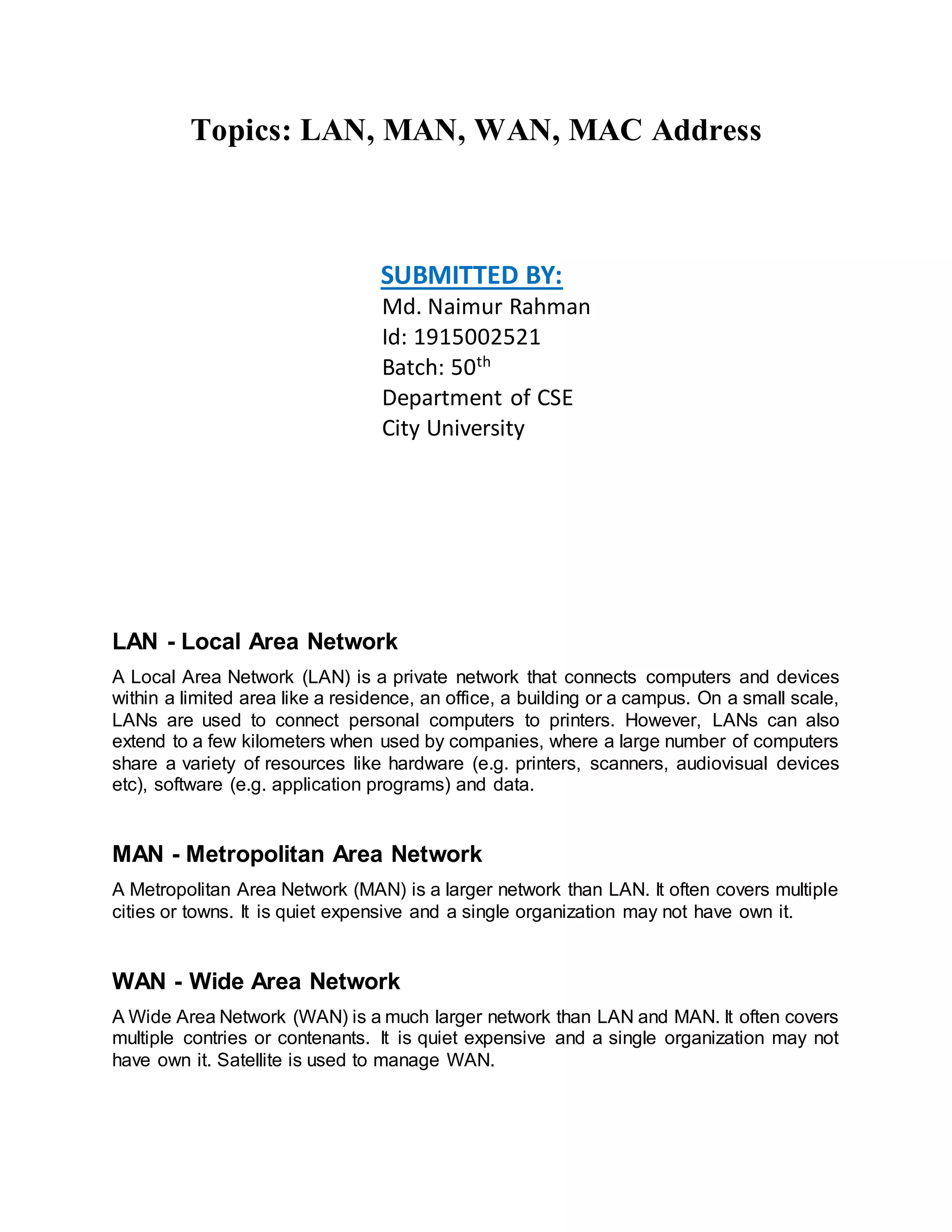LAN,MAN,WAN & MAC Address | DOCX | Computer Networking | Computing