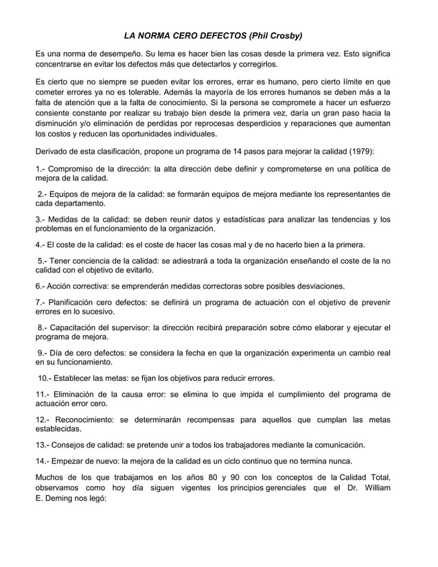 La norma cero defectos de Crosby y Los 14 Principios de calidad de ...