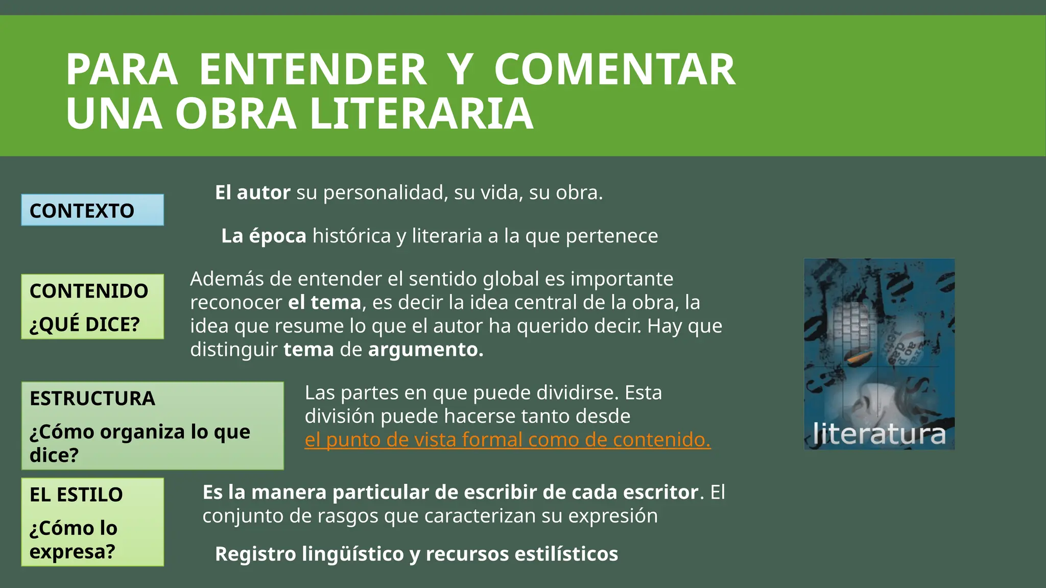 LA OBRA LITERARIA, CLASIFICACIÓN, PARTES | PPTX