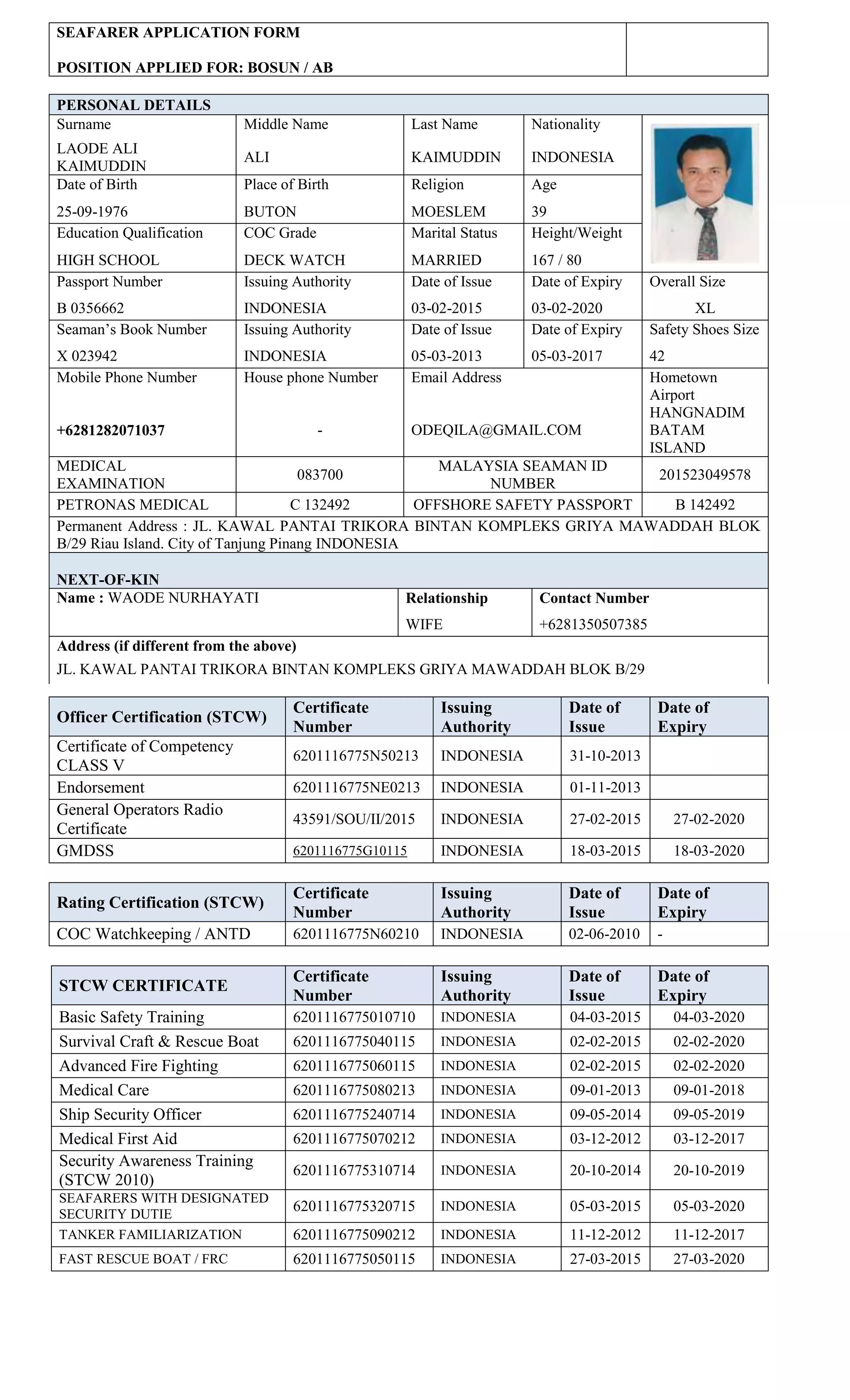 Laode ali seafarer application form1 | PDF
