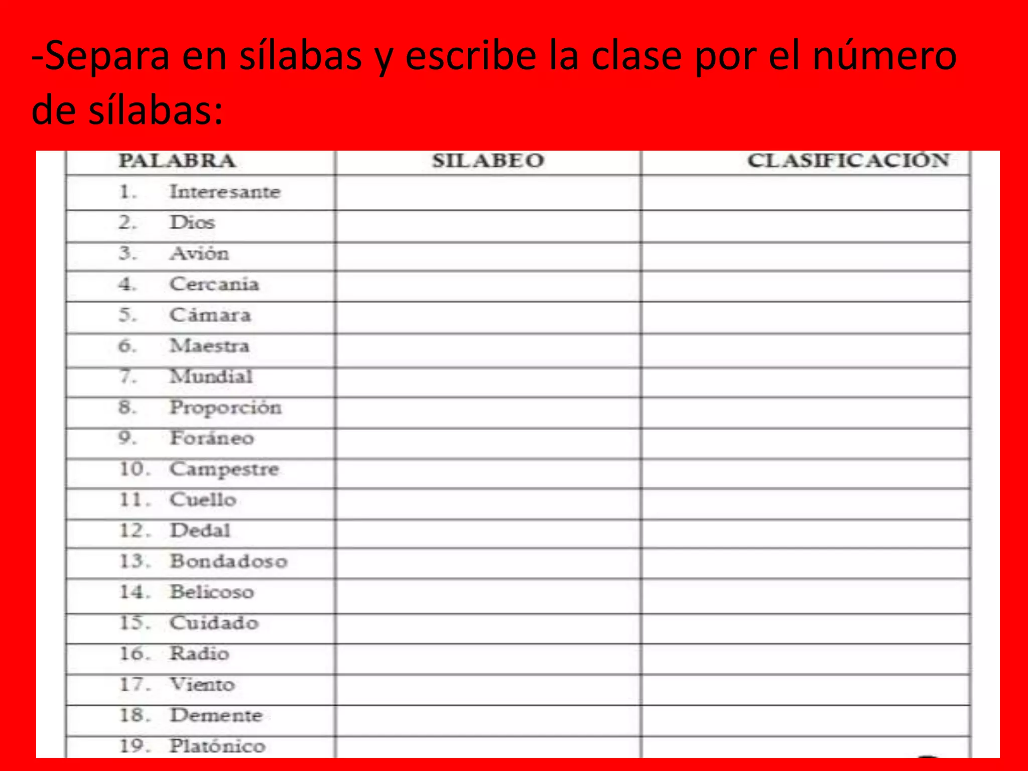 La palabra ´por el numero de silabas | PPT