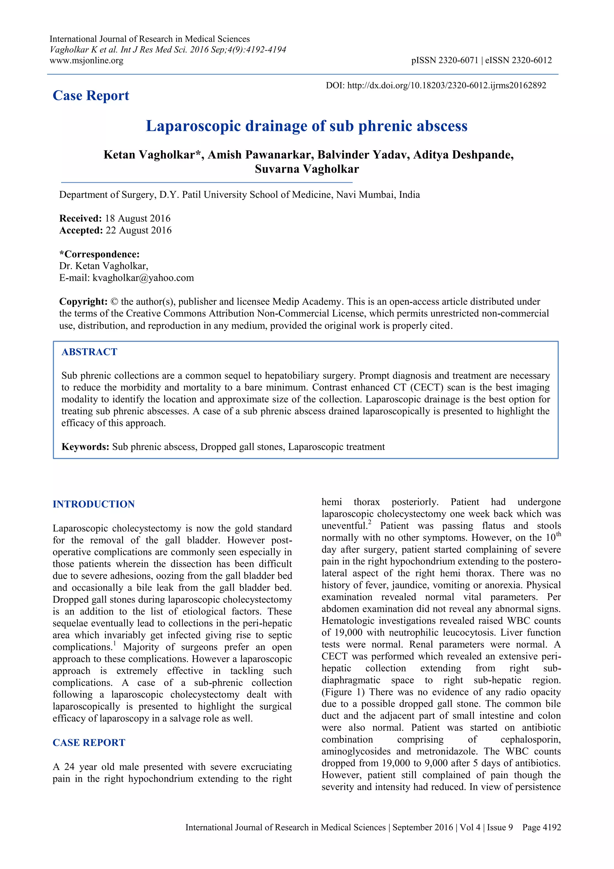 Laparoscopic drainage of subphrenic abscess | PDF