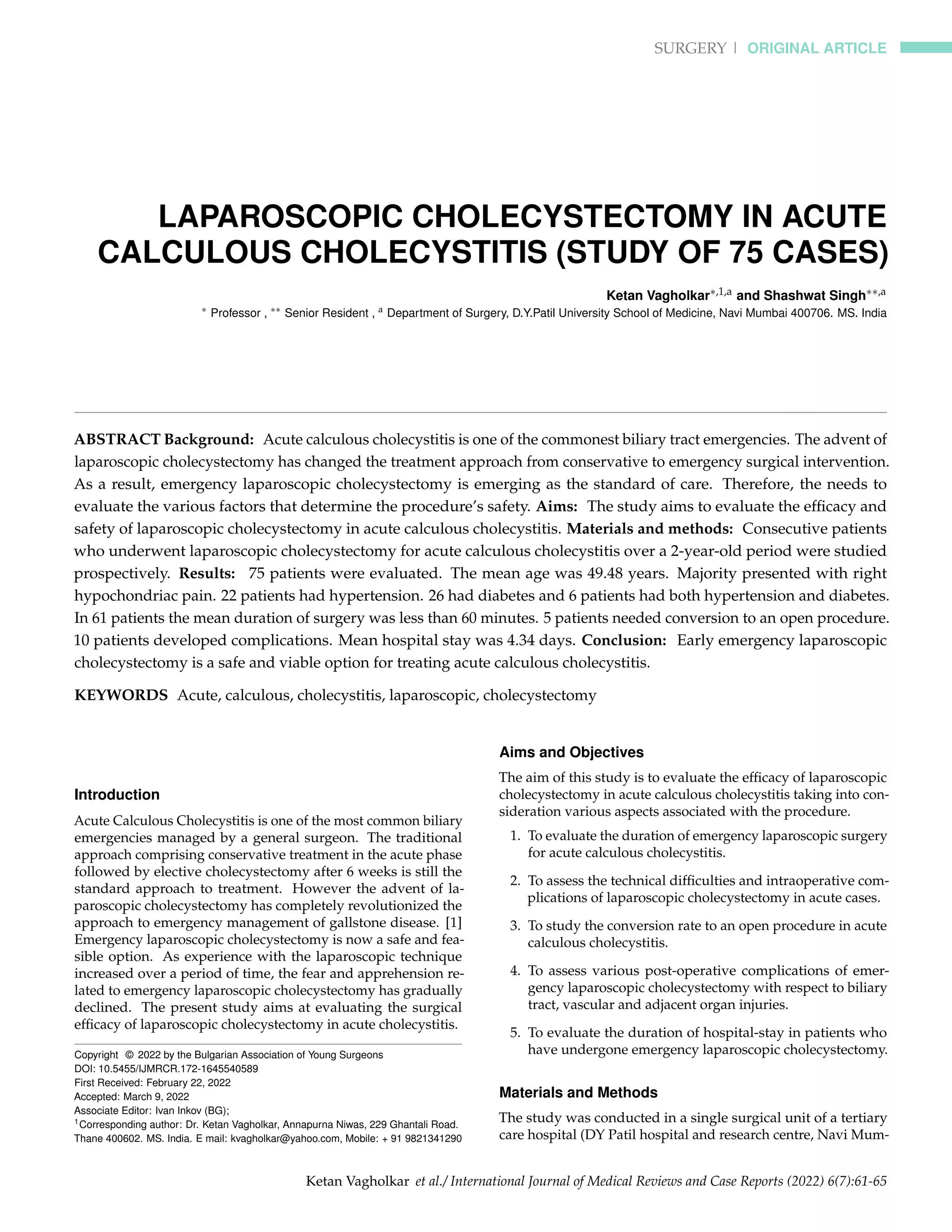 LAPAROSCOPIC CHOLECYSTECTOMY IN ACUTE CALCULOUS CHOLECYSTITIS (STUDY OF ...