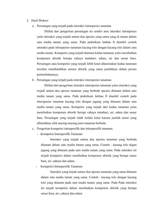 Laporan Ekologi Tumbuhan "Persaingan Intraspesies Tanaman dan Interspesies Tanaman" | PDF