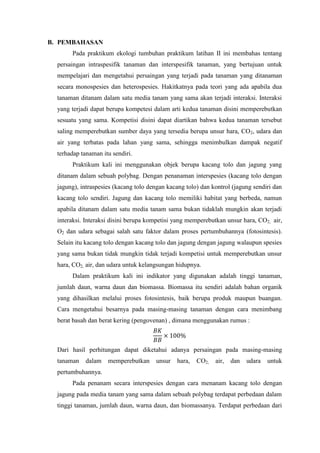 Laporan Ekologi Tumbuhan "Persaingan Intraspesies Tanaman dan Interspesies Tanaman" | PDF