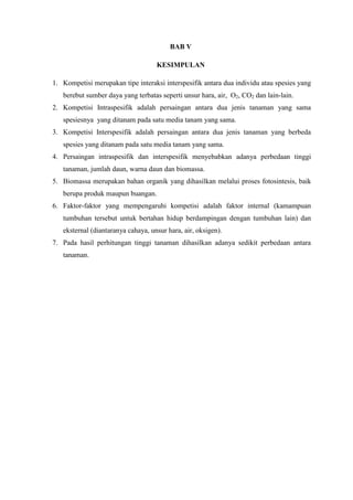 Laporan Ekologi Tumbuhan "Persaingan Intraspesies Tanaman dan ...