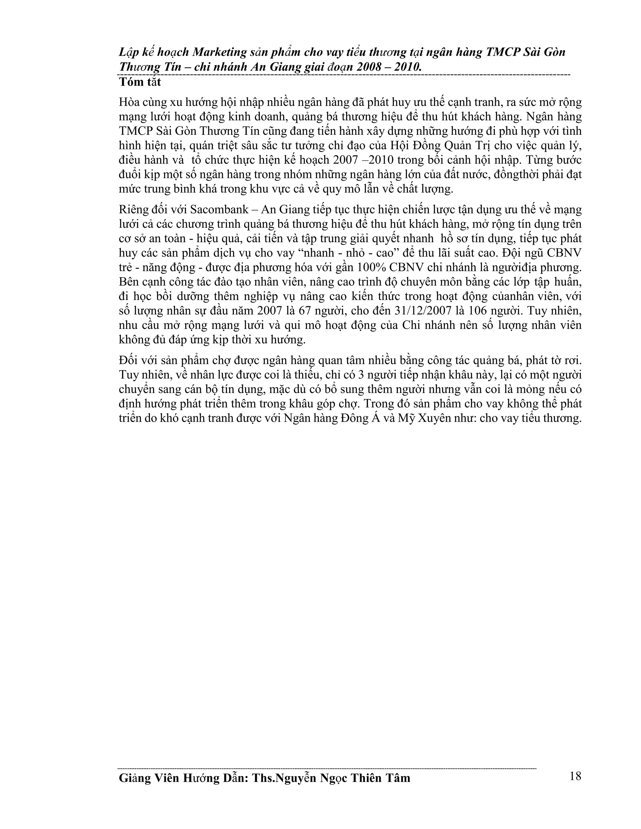 Lập kế hoạch Marketing sản phẩm cho vay tiểu thương tại ngân hàng TMCP Sài Gòn Thương Tín – chi ...