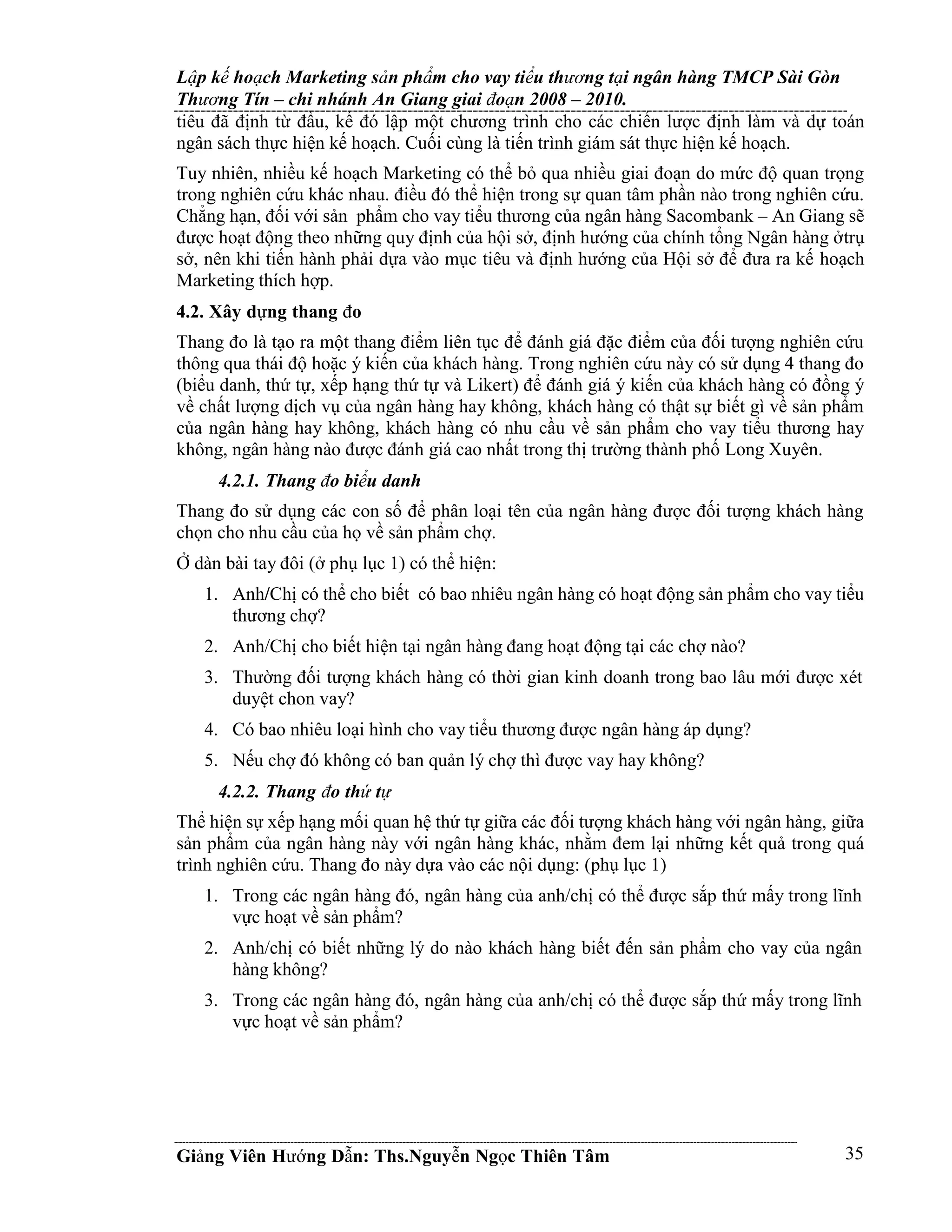 Lập kế hoạch Marketing sản phẩm cho vay tiểu thương tại ngân hàng TMCP Sài Gòn Thương Tín – chi ...