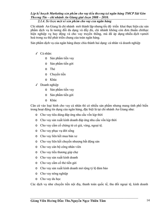 Lập kế hoạch Marketing sản phẩm cho vay tiểu thương tại ngân hàng TMCP Sài Gòn Thương Tín – chi ...