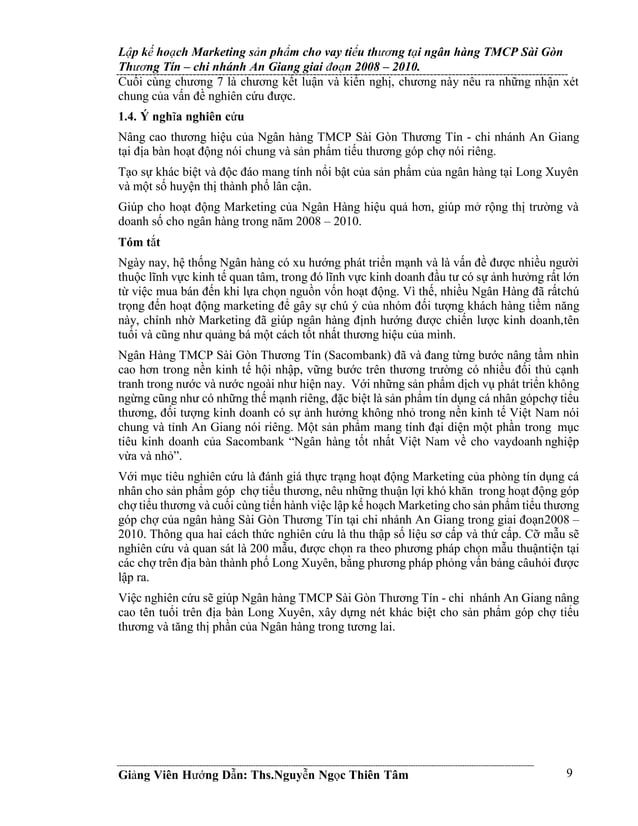 Lập kế hoạch Marketing sản phẩm cho vay tiểu thương tại ngân hàng TMCP Sài Gòn Thương Tín – chi ...