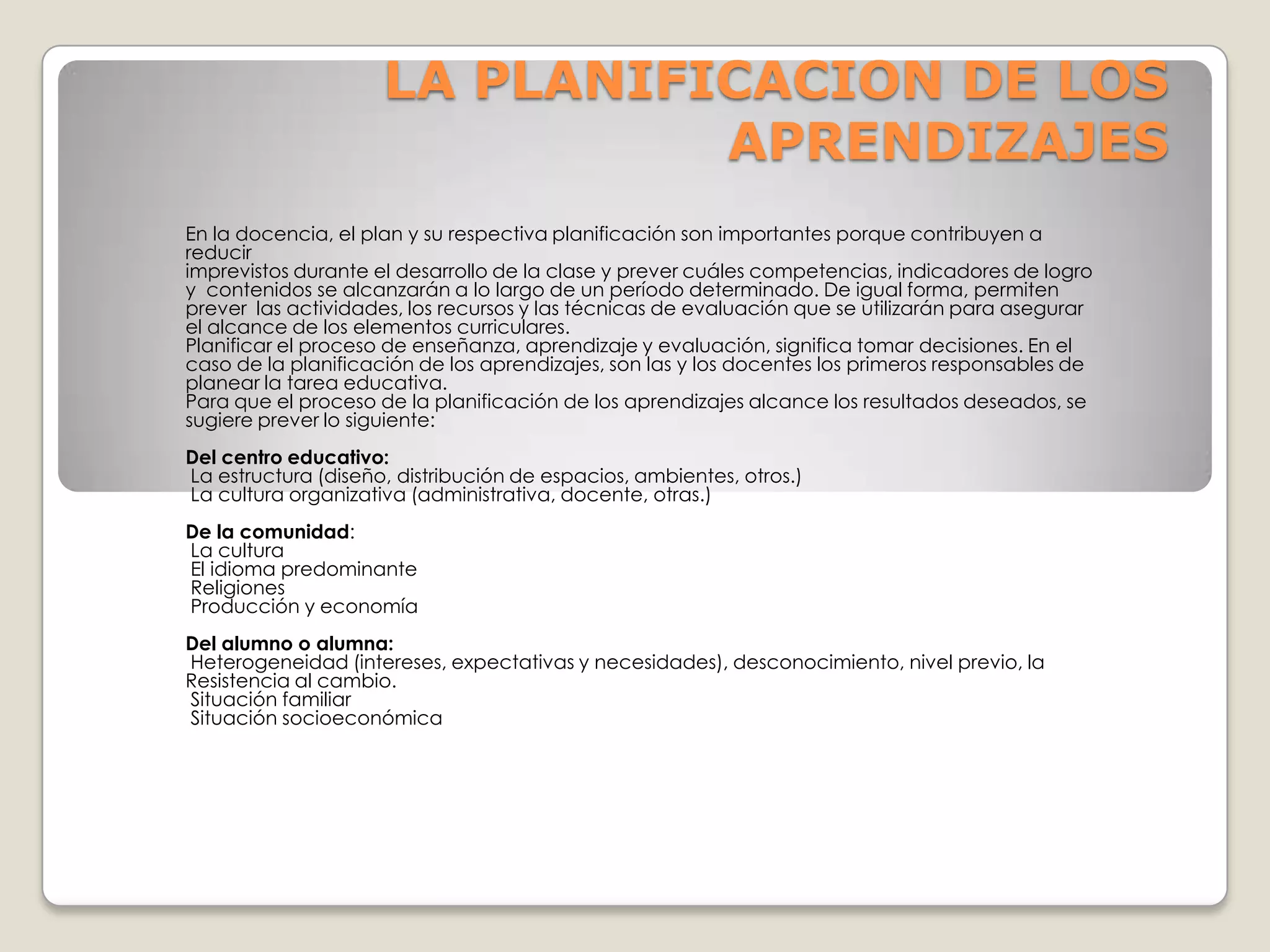 La planificacion de los aprendizajes | PPTX