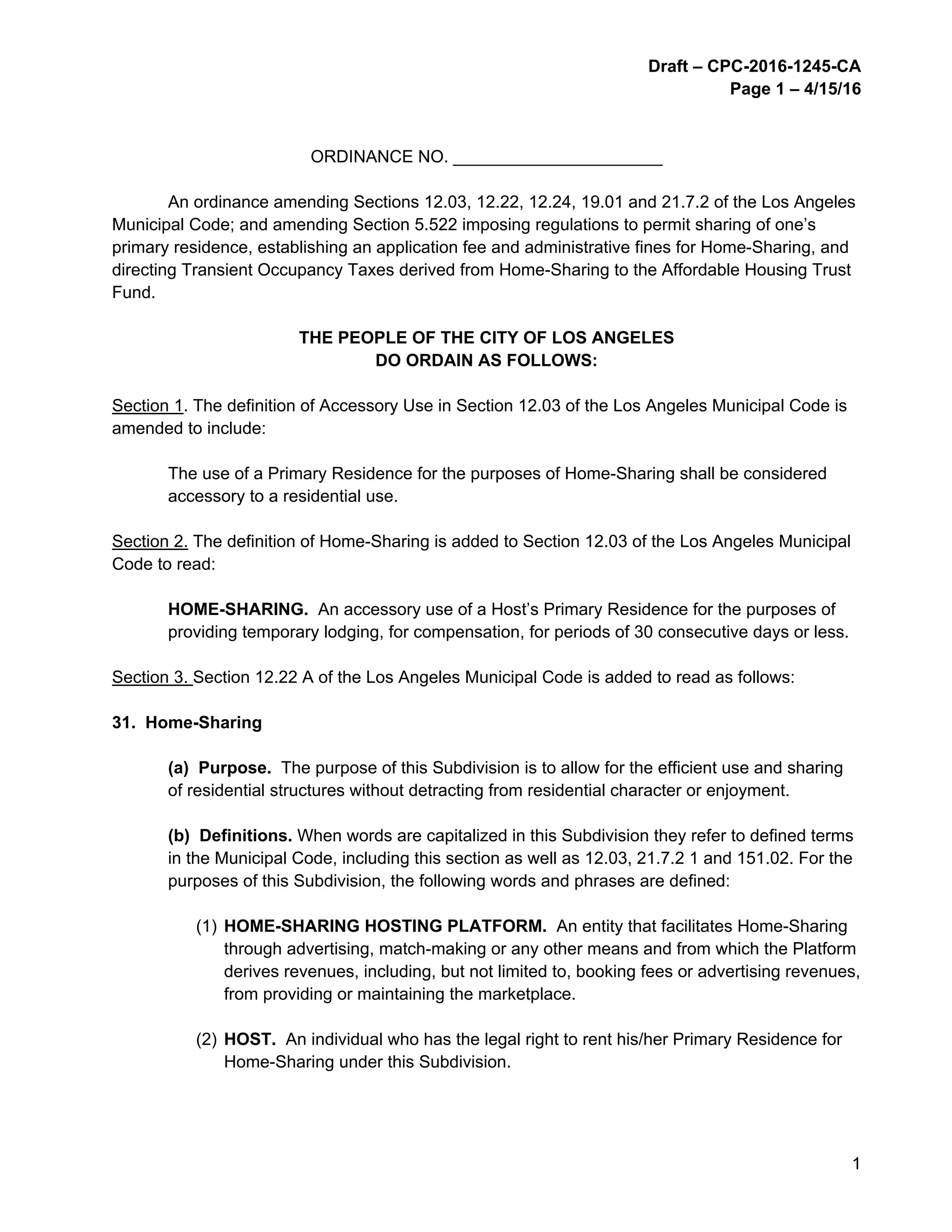 La planning dept. home sharing ordinance draft #1 4 15-16 | PDF
