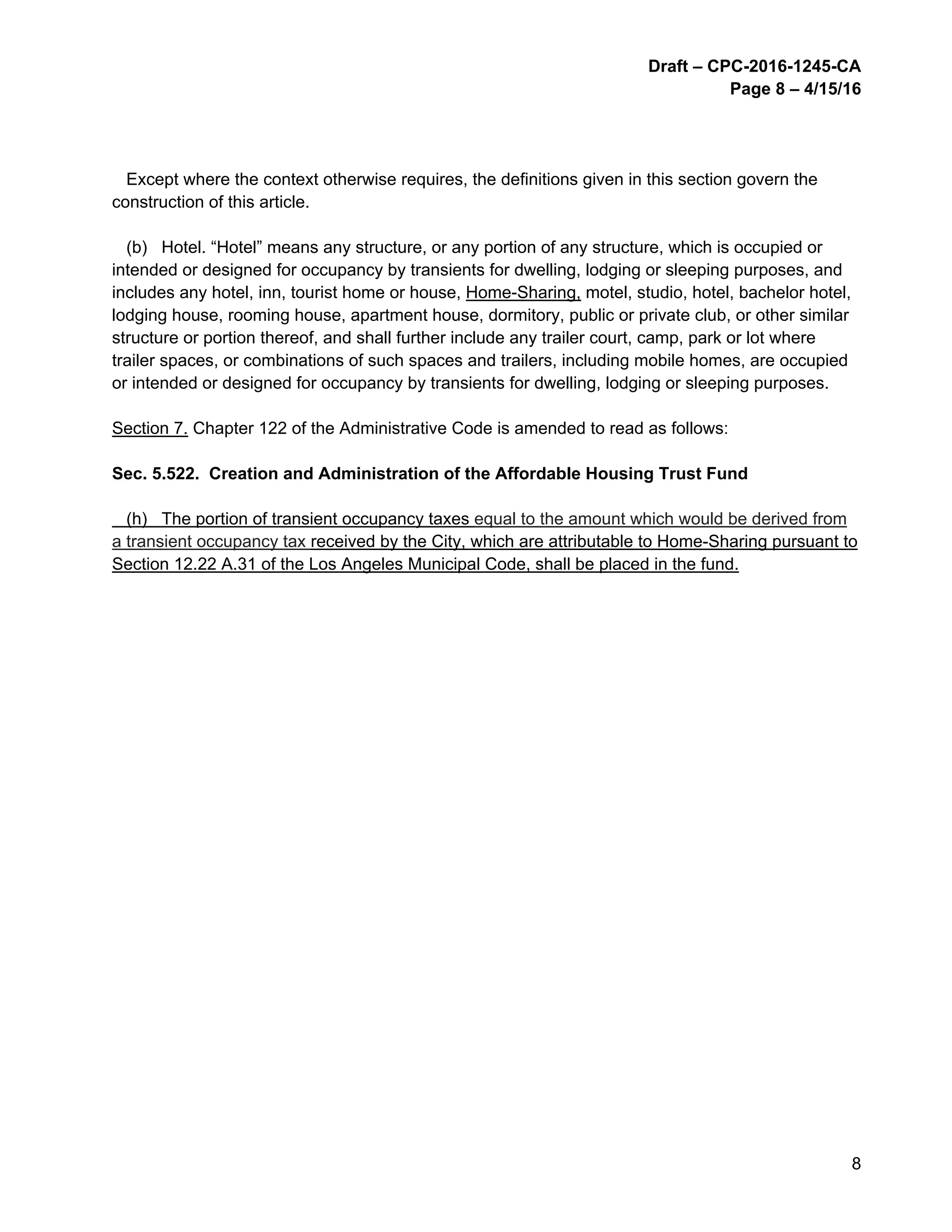 La planning dept. home sharing ordinance draft #1 4 15-16 | PDF