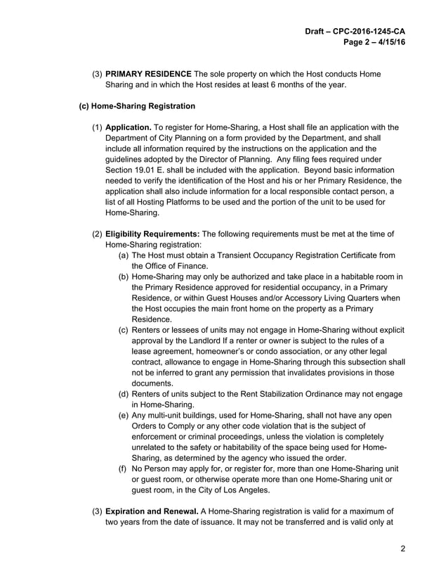 La planning dept. home sharing ordinance draft #1 4 15-16 | PDF