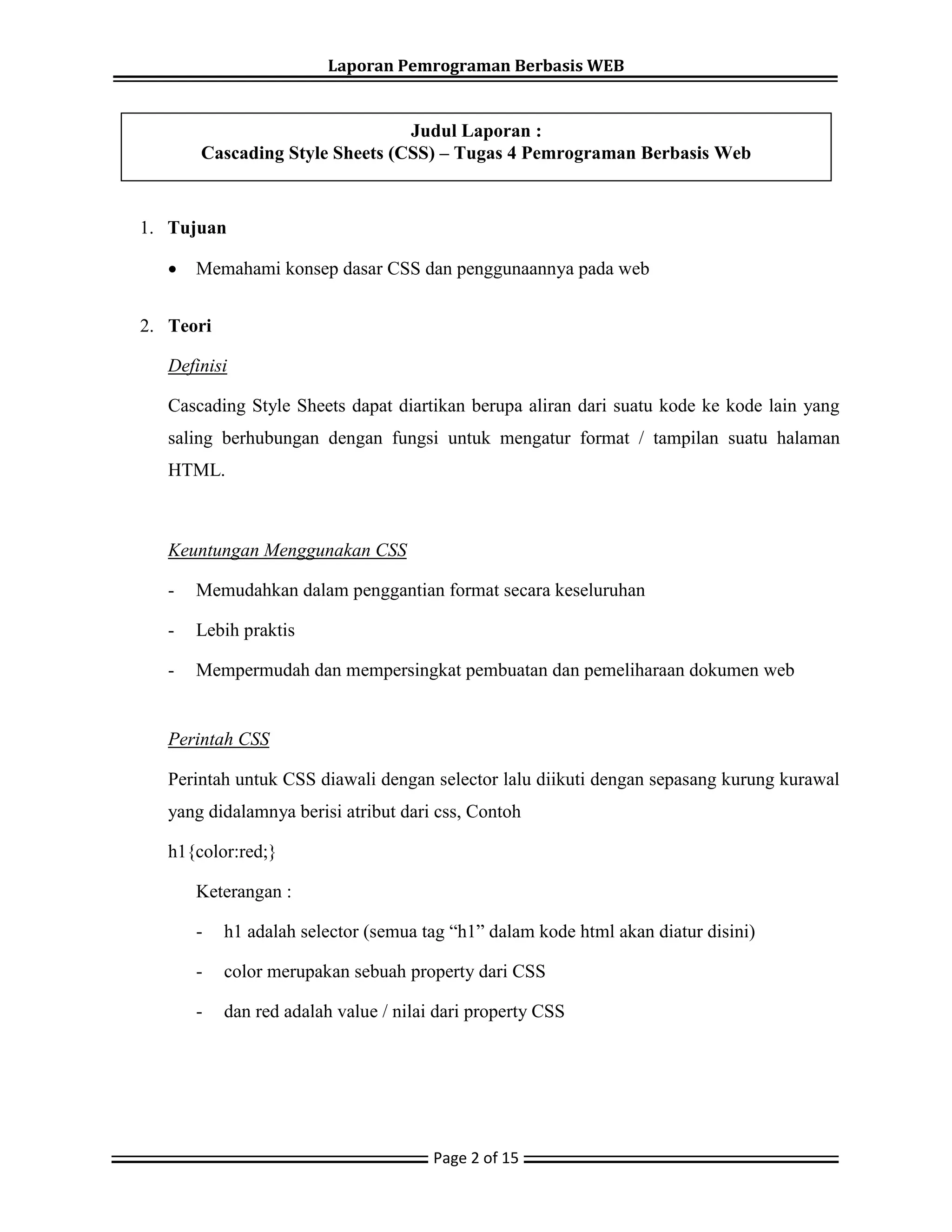 Laporan Pemrograman Berbasis Web Tugas 4 Cascading Style Sheets | PDF