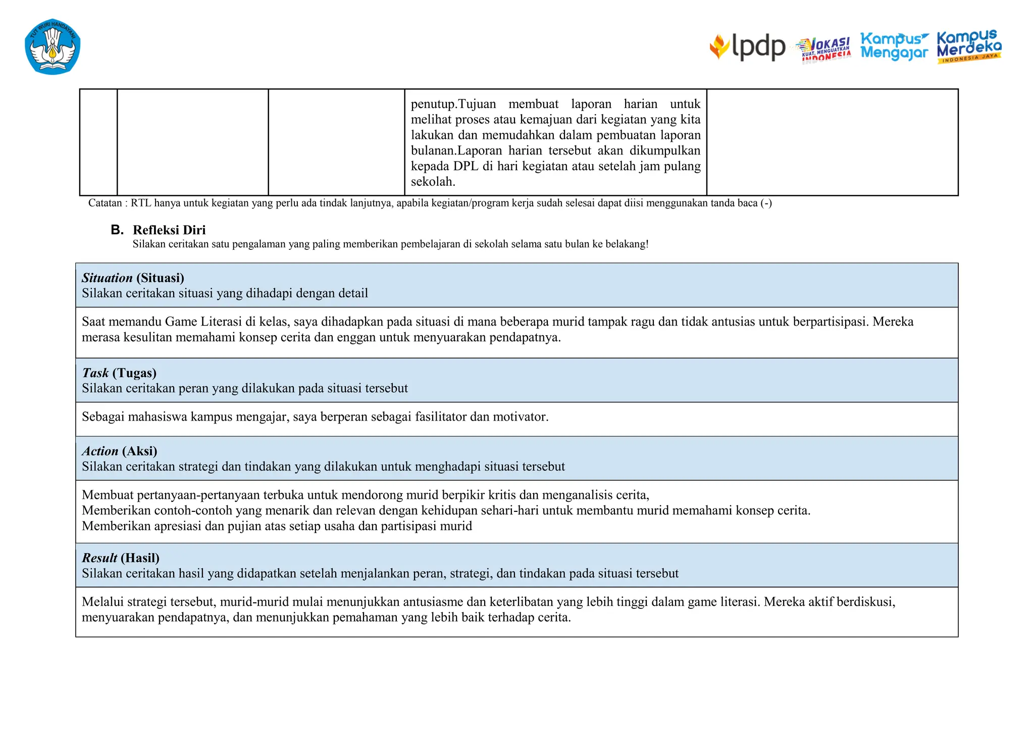 Contoh Laporan Bulanan Kampus Mengajar Angkatan 7 | PDF