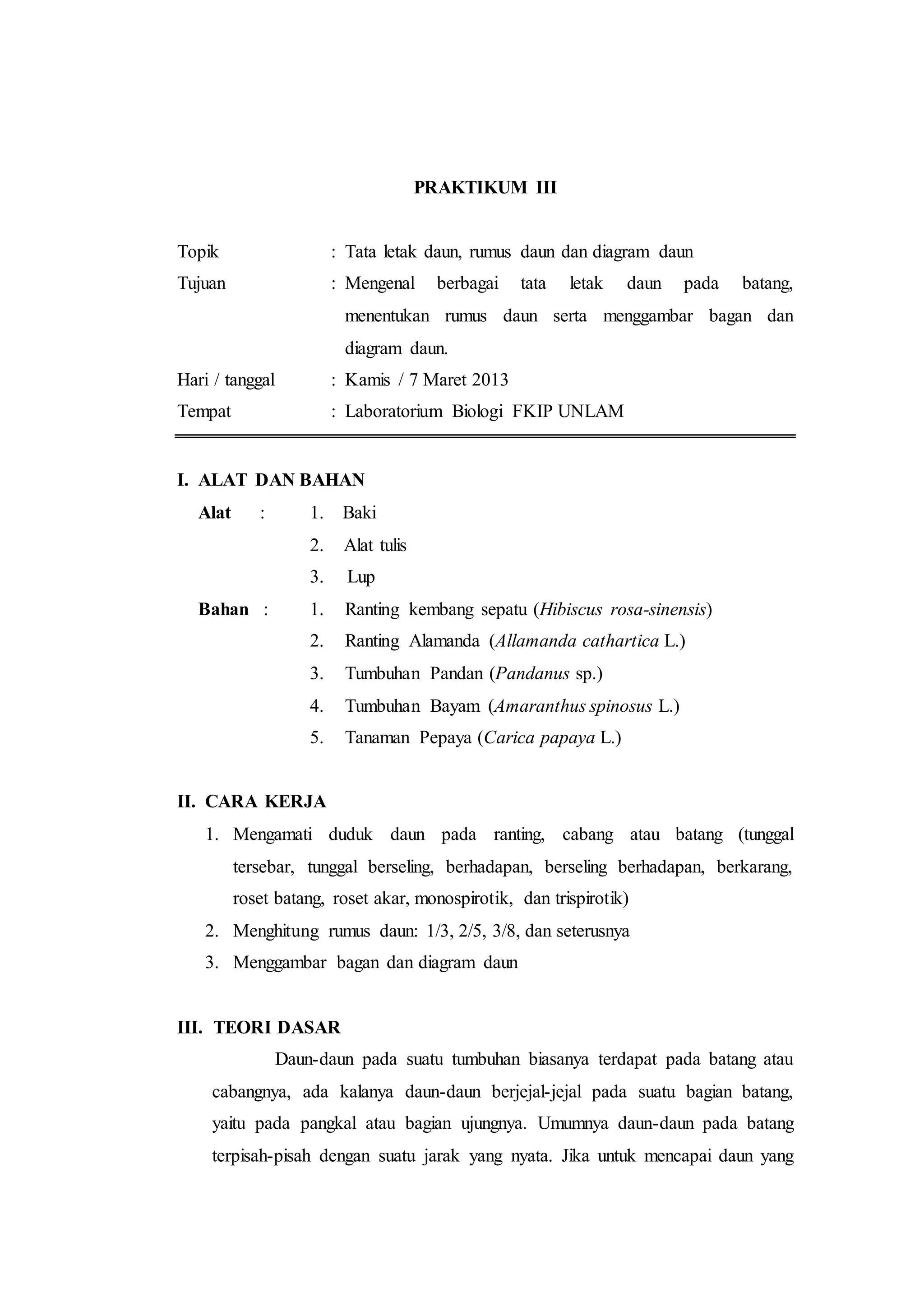 Laporan praktikum 3 tata letak daun rumus daun dan diagram daun ...