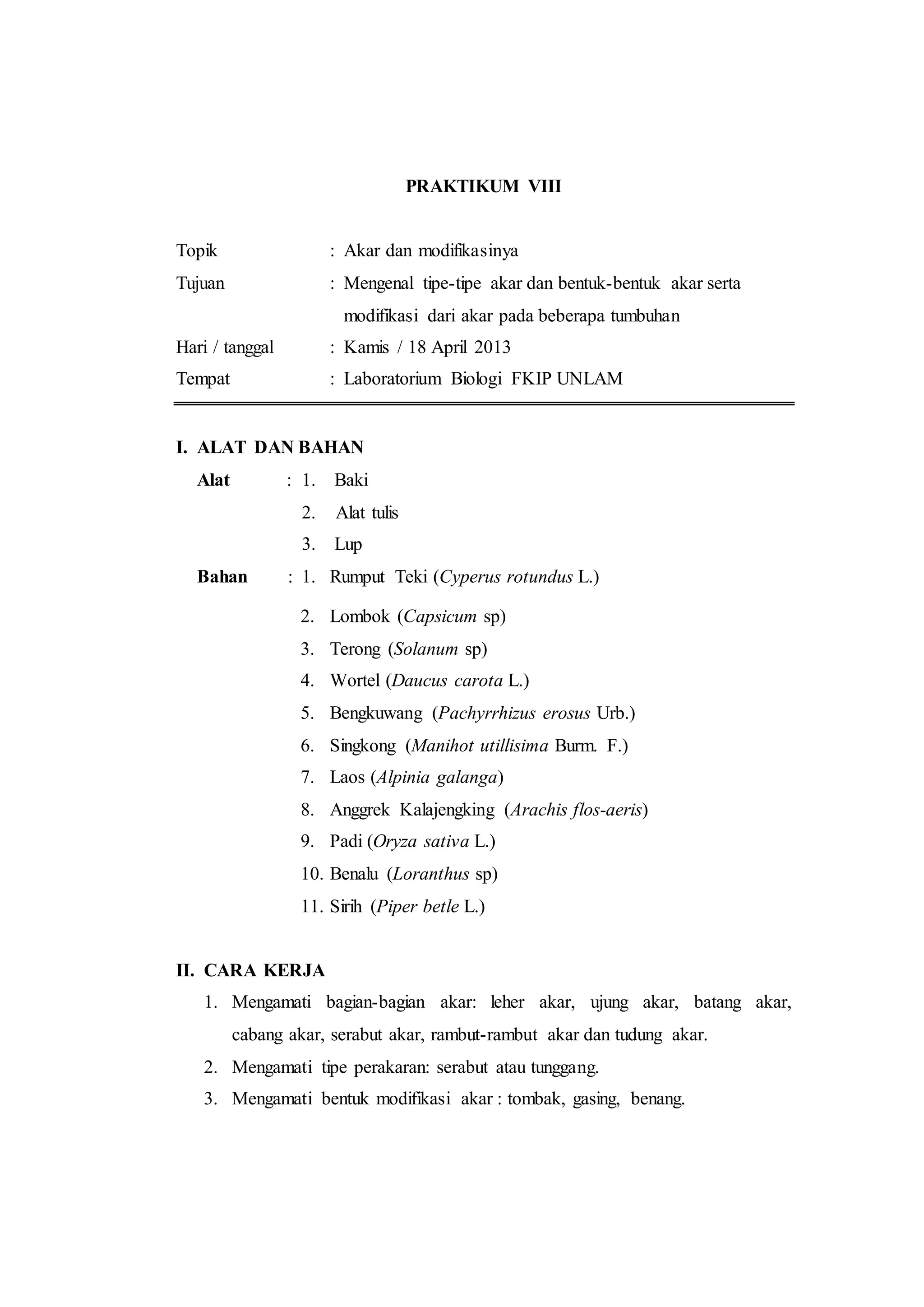 Laporan praktikum 8 akar dan modifikasinya (morfologi tumbuhan) | DOCX