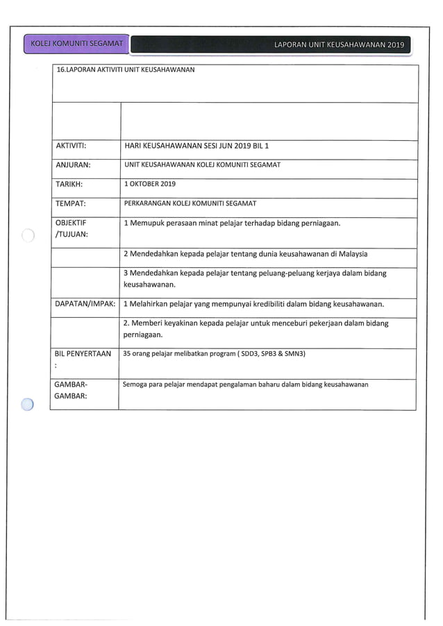 Laporan 2019 (2/2) Aktiviti Keusahawanan KKS | PDF