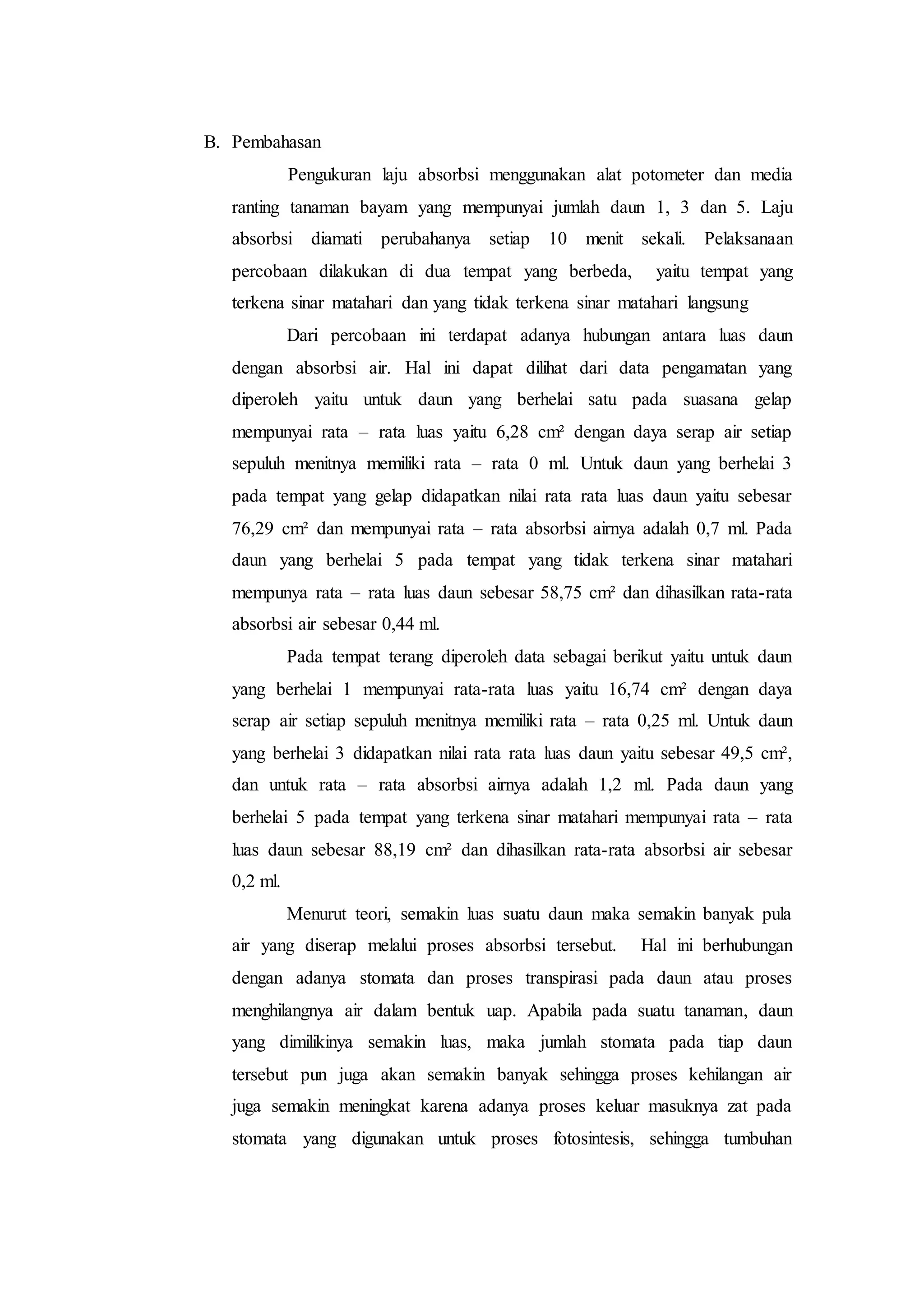 LAPORAN PRAKTIKUM FISIOLOGI TUMBUHAN ABSORBSI DAN TRANSPIRASI | DOCX