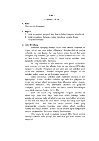 LAPORAN PRAKTIKUM FISIOLOGI TUMBUHAN ABSORBSI DAN TRANSPIRASI | DOCX