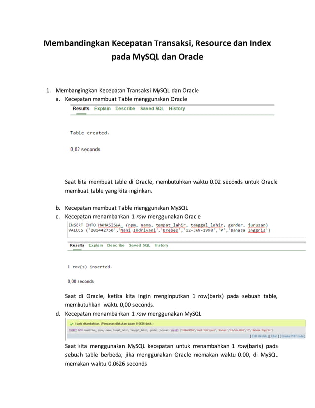 Mysql vs oracle Kecepatan Transaksi, Index, dan Resource doc | PDF