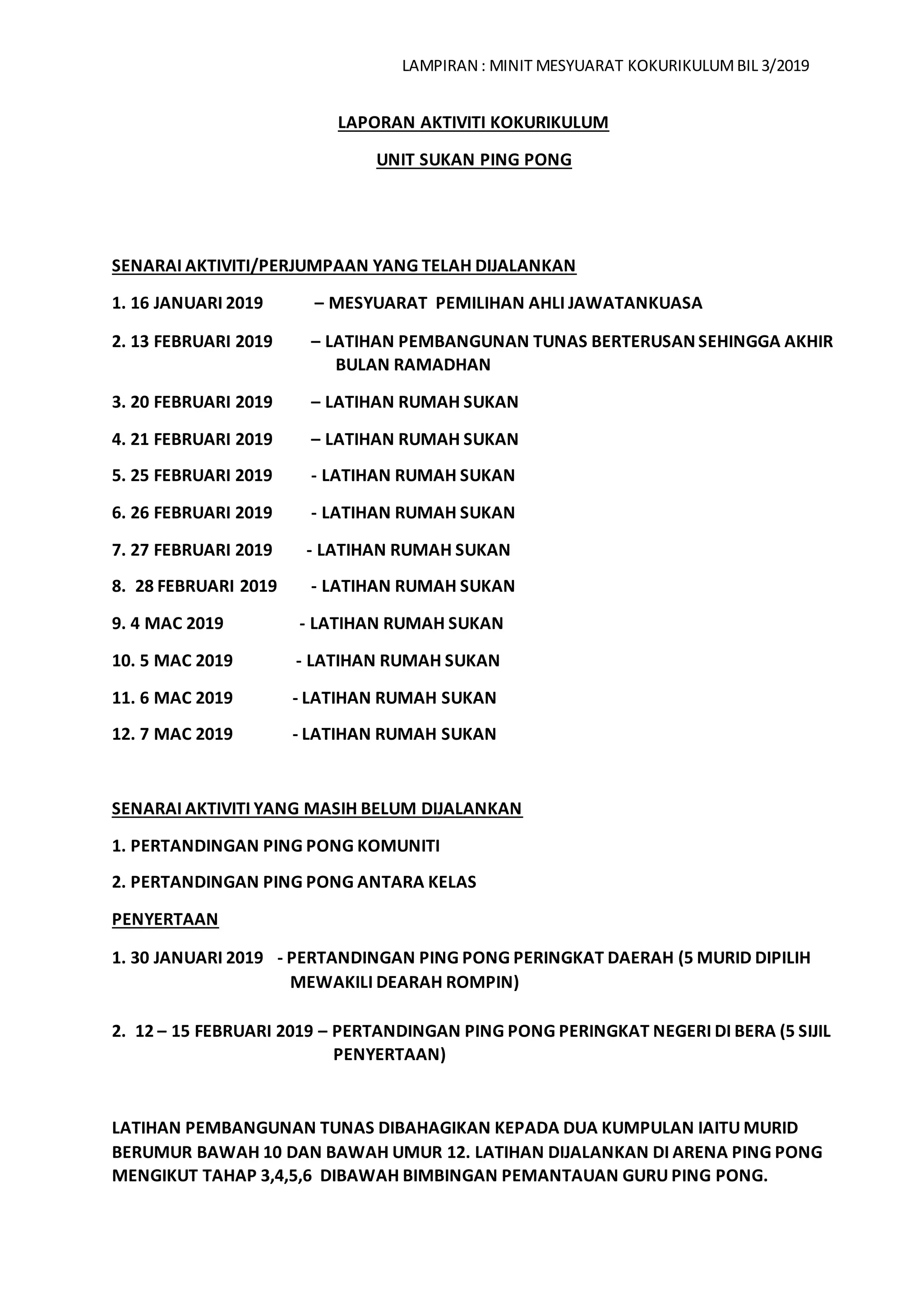Laporan aktiviti kokurikulum sukan ping pong | PDF