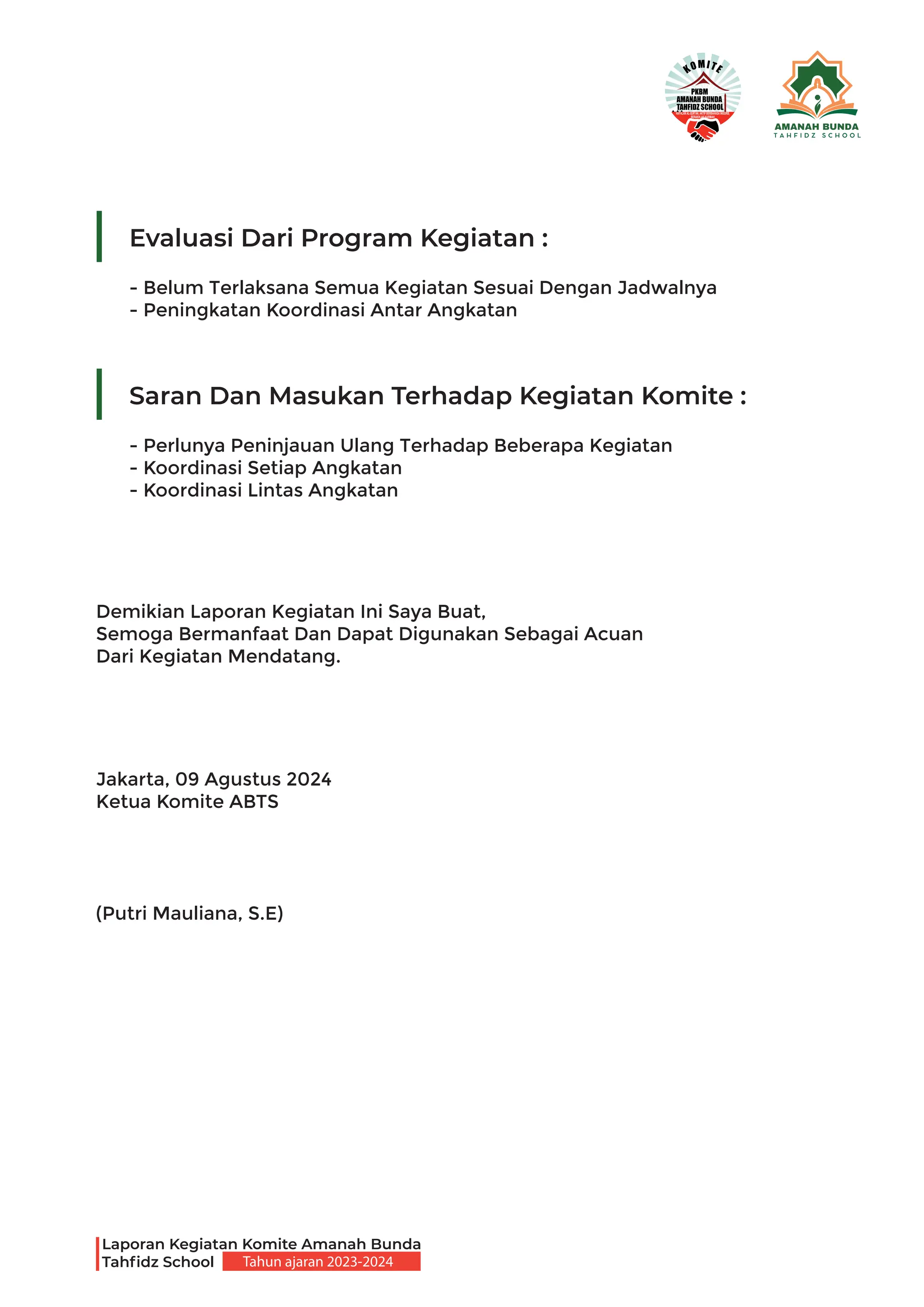 contoh laporan kegiatan komite sekolah selama satu tahun | PDF