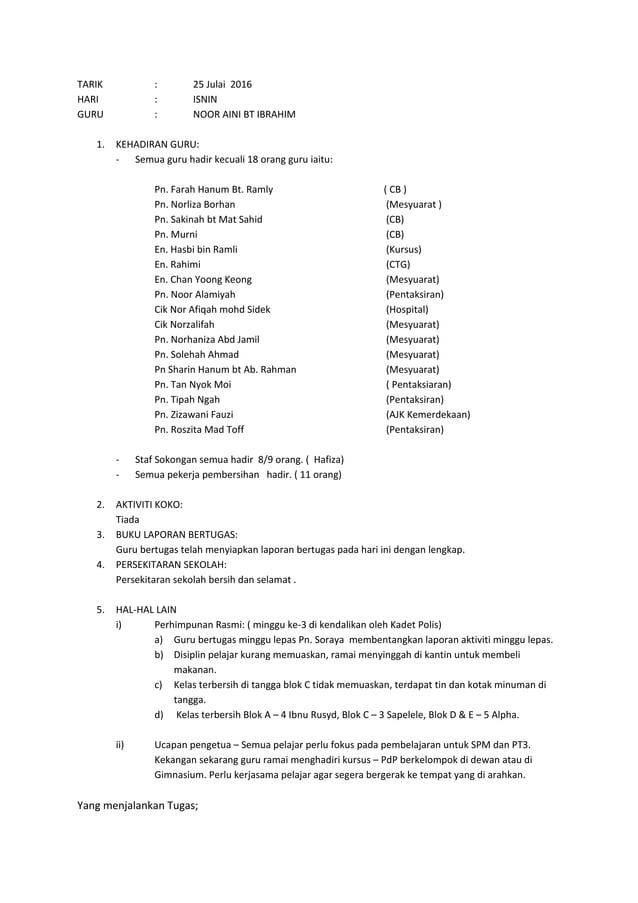 Laporan bertugas harian isnin | PDF